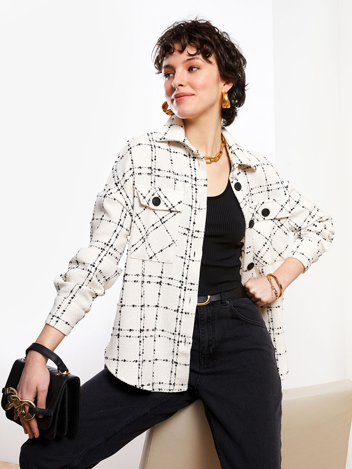 LCW VISION Önden Düğme Kapamalı Ekose Uzun Kollu Tüvit Kadın Gömlek Ceket