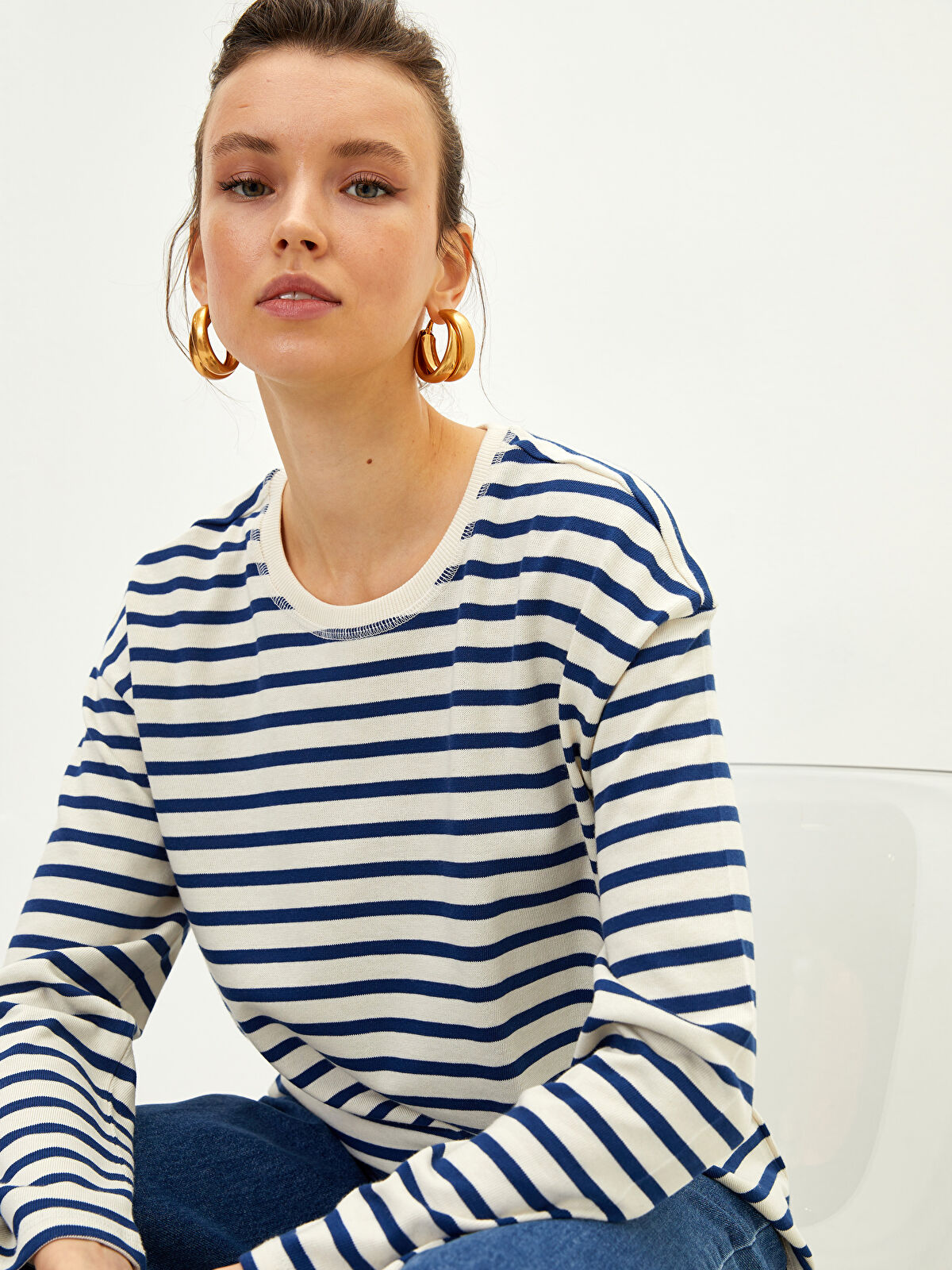 LCW BASIC Bisiklet Yaka Çizgili Uzun Kollu Pamuklu Kadın Tişört