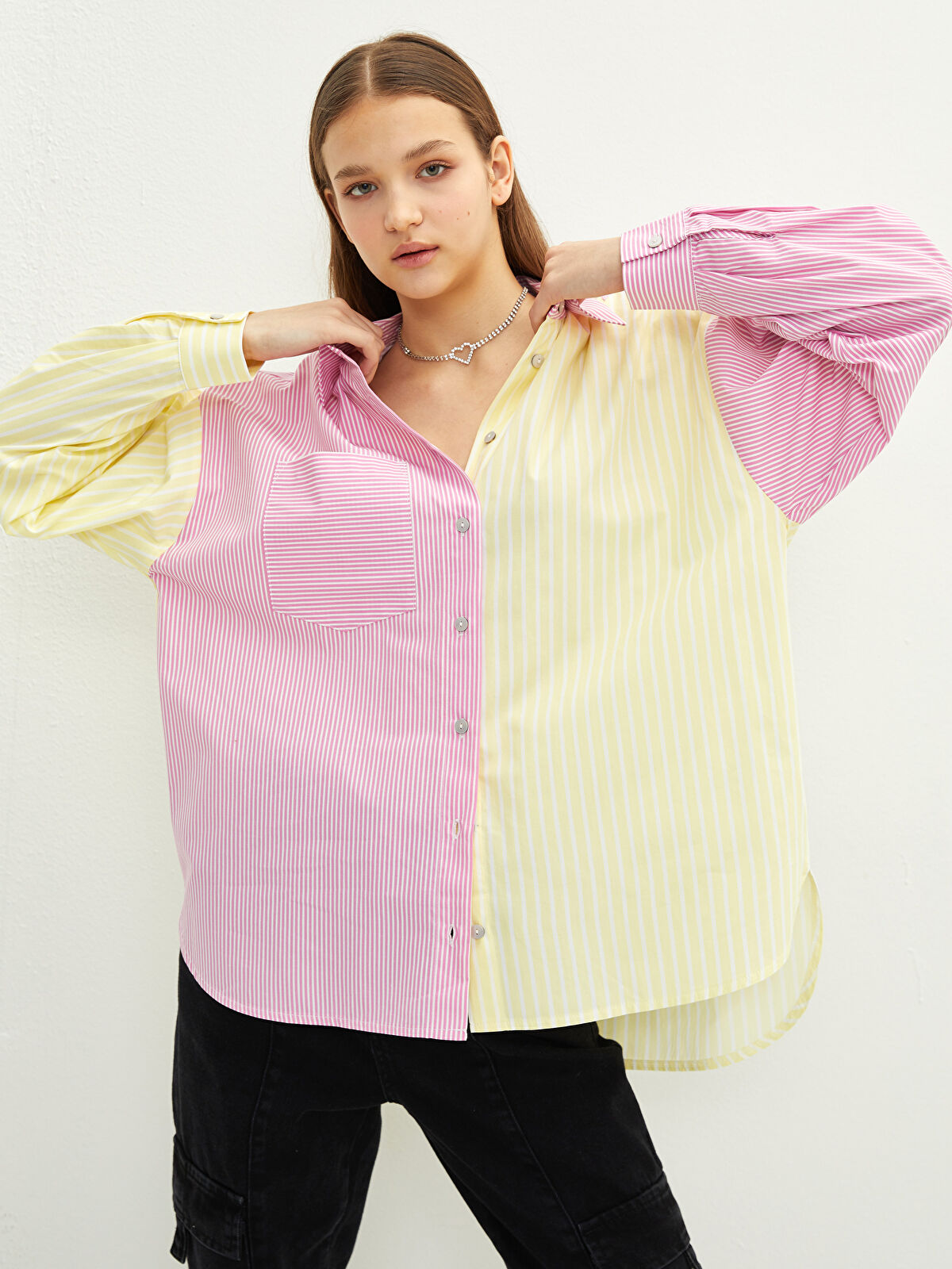 LCW LIMITED Önden Düğme Kapamalı Renk Bloklu Uzun Kollu Poplin Kadın Gömlek