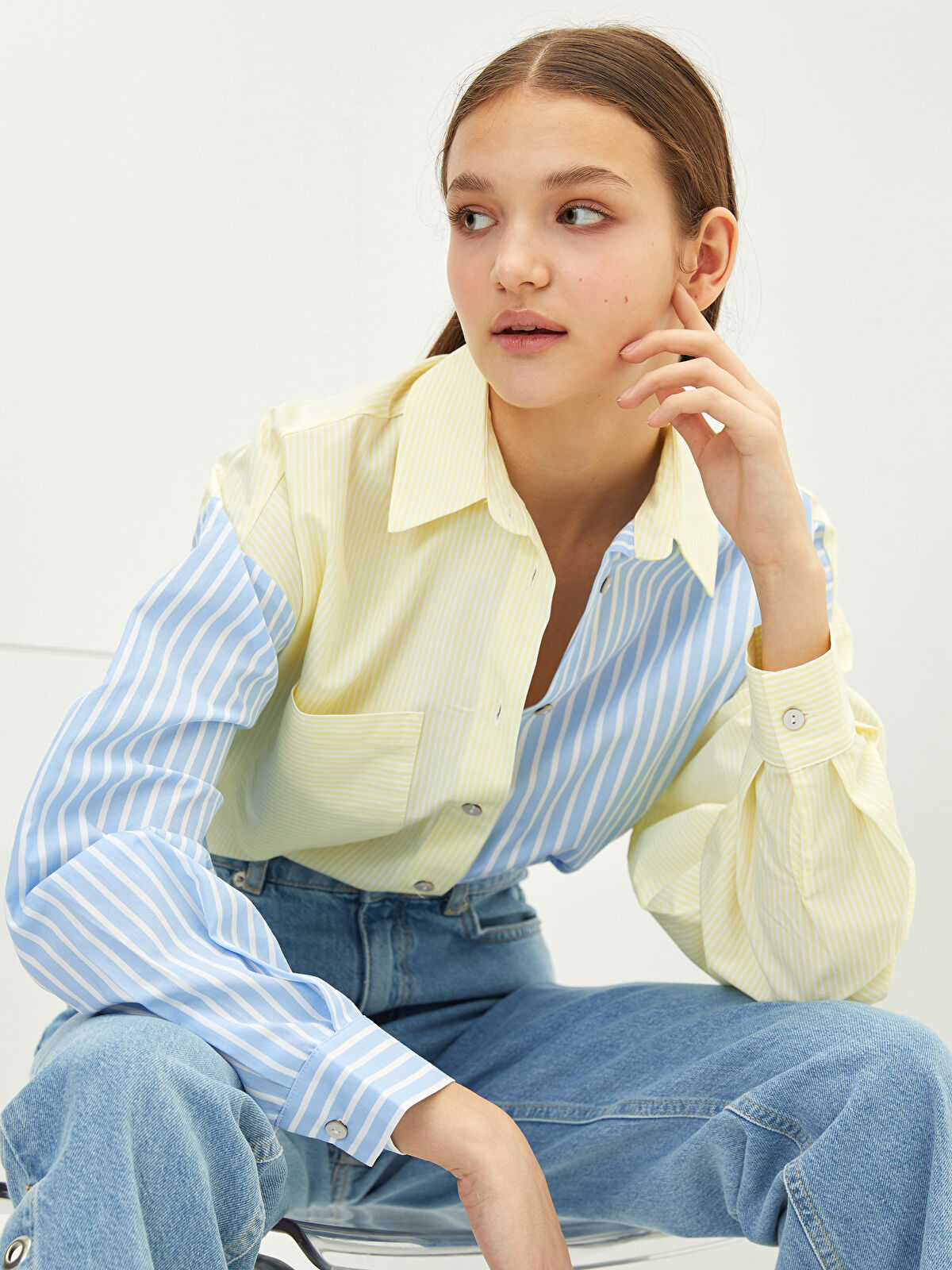 LCW LIMITED Önden Düğme Kapamalı Renk Bloklu Uzun Kollu Poplin Kadın Gömlek