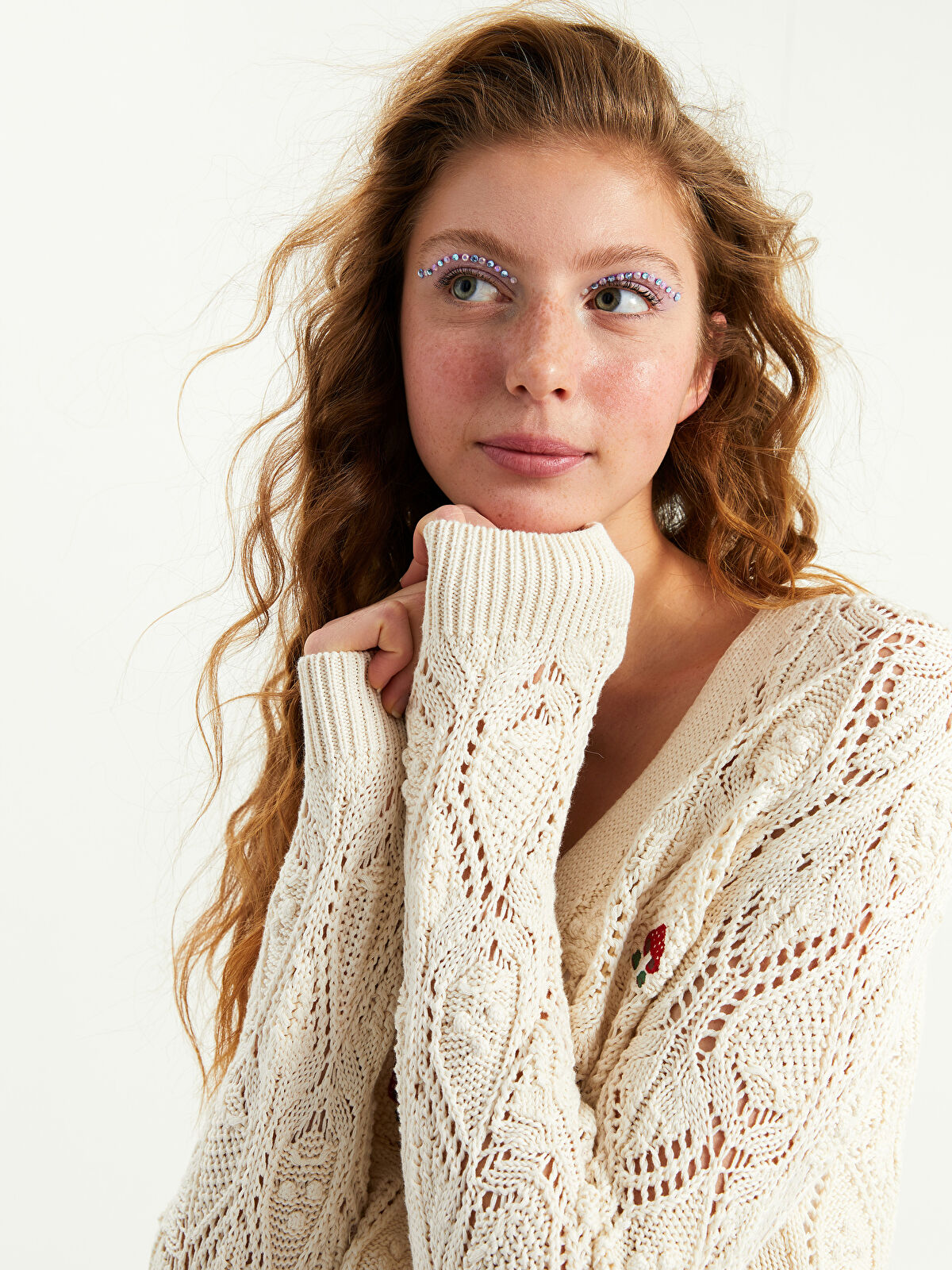 XSIDE V Yaka Nakışlı Uzun Kollu Kadın Triko Hırka