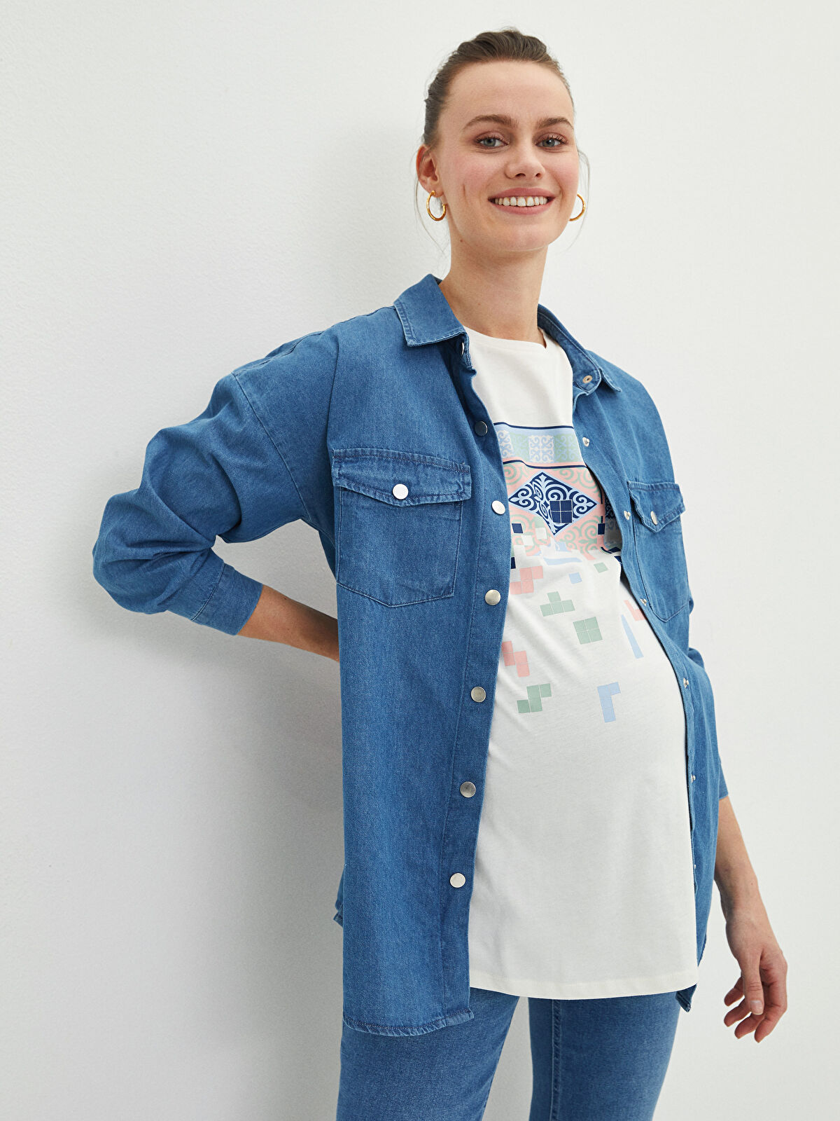 Önden Düğme Kapamalı Baskılı Uzun Kollu Hamile Rodeo Jean Gömlek