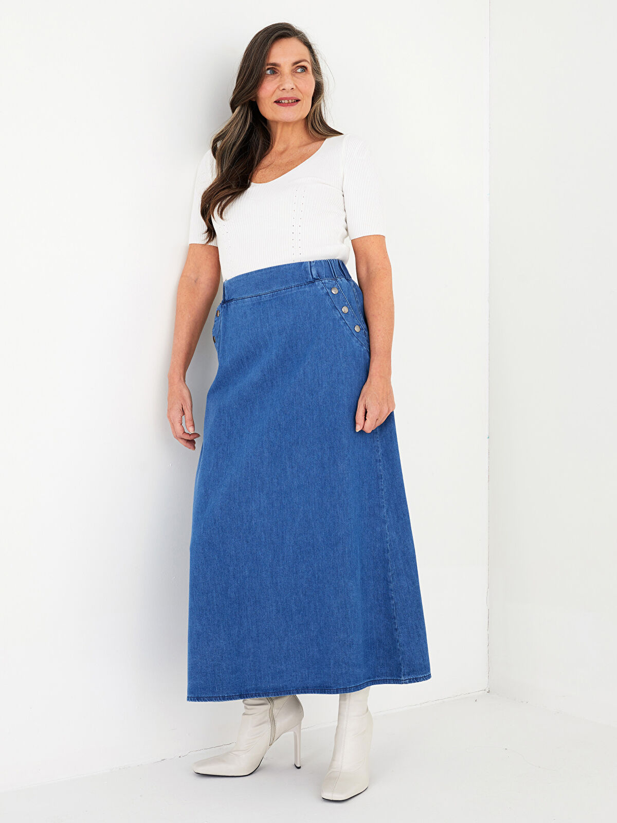 LCW GRACE Beli Lastikli Düz Kadın Jean Etek