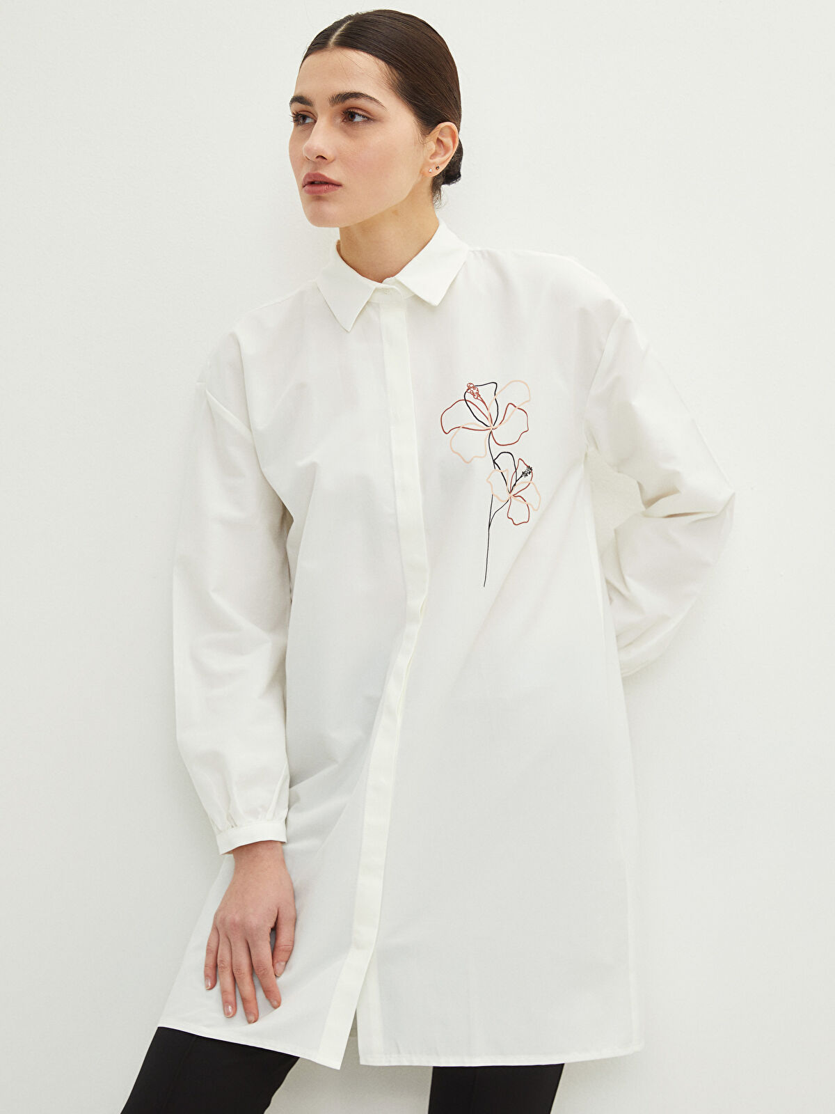 MODEST Gömlek Yaka Baskılı Uzun Kollu Oversize Poplin Kadın Tunik