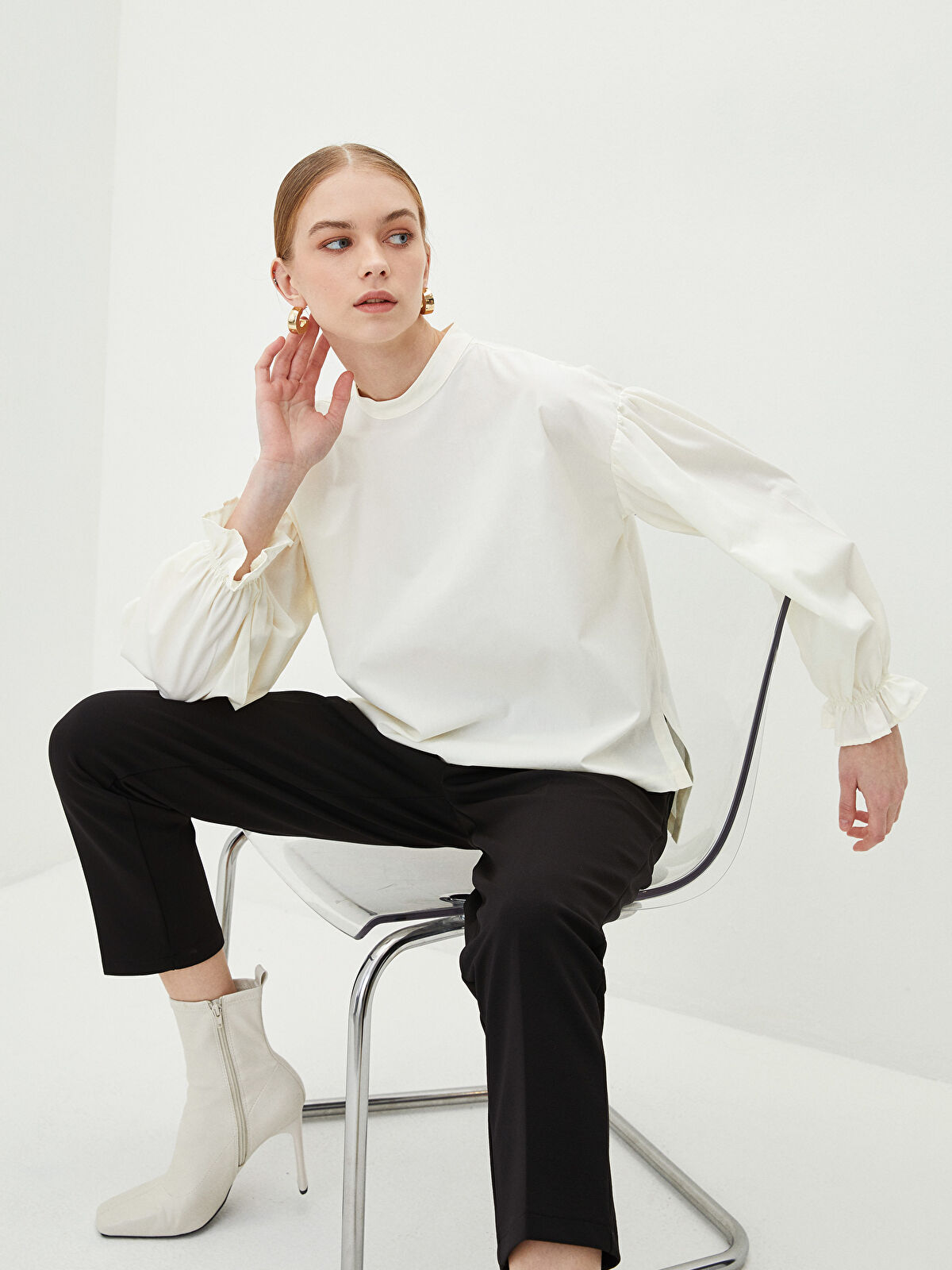 MODEST Hakim Yaka Düz Uzun Kollu Oversize Poplin Kadın Tunik