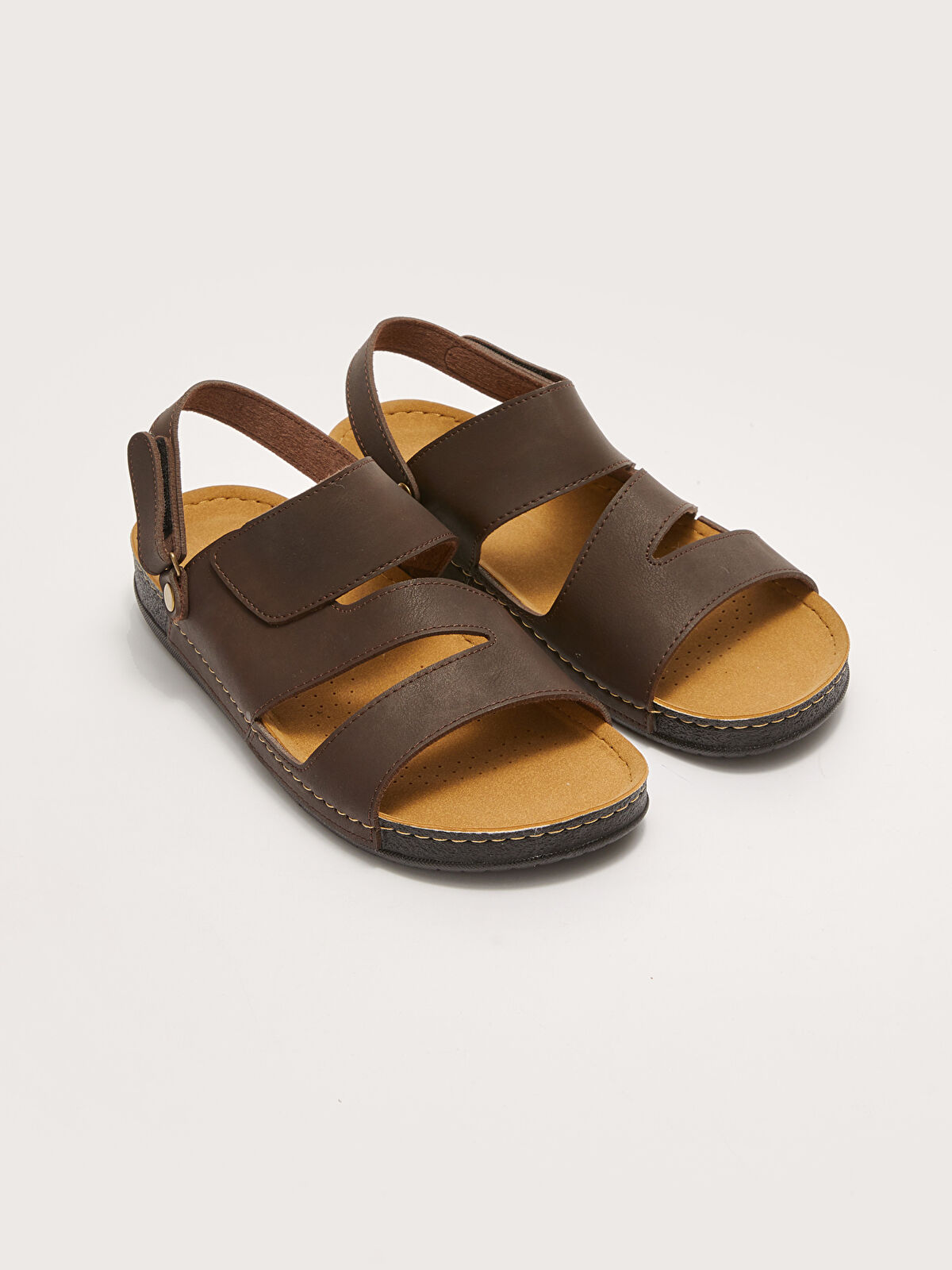 Deri Görünümlü Cırt Cırtlı Erkek Sandalet