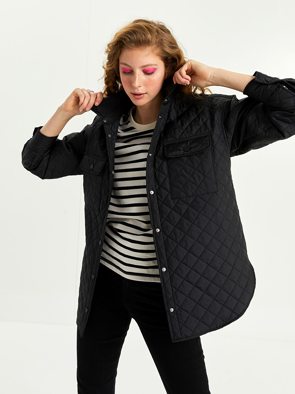 XSIDE Gömlek Yaka Kapitone Desenli Uzun Kollu Kadın Mont