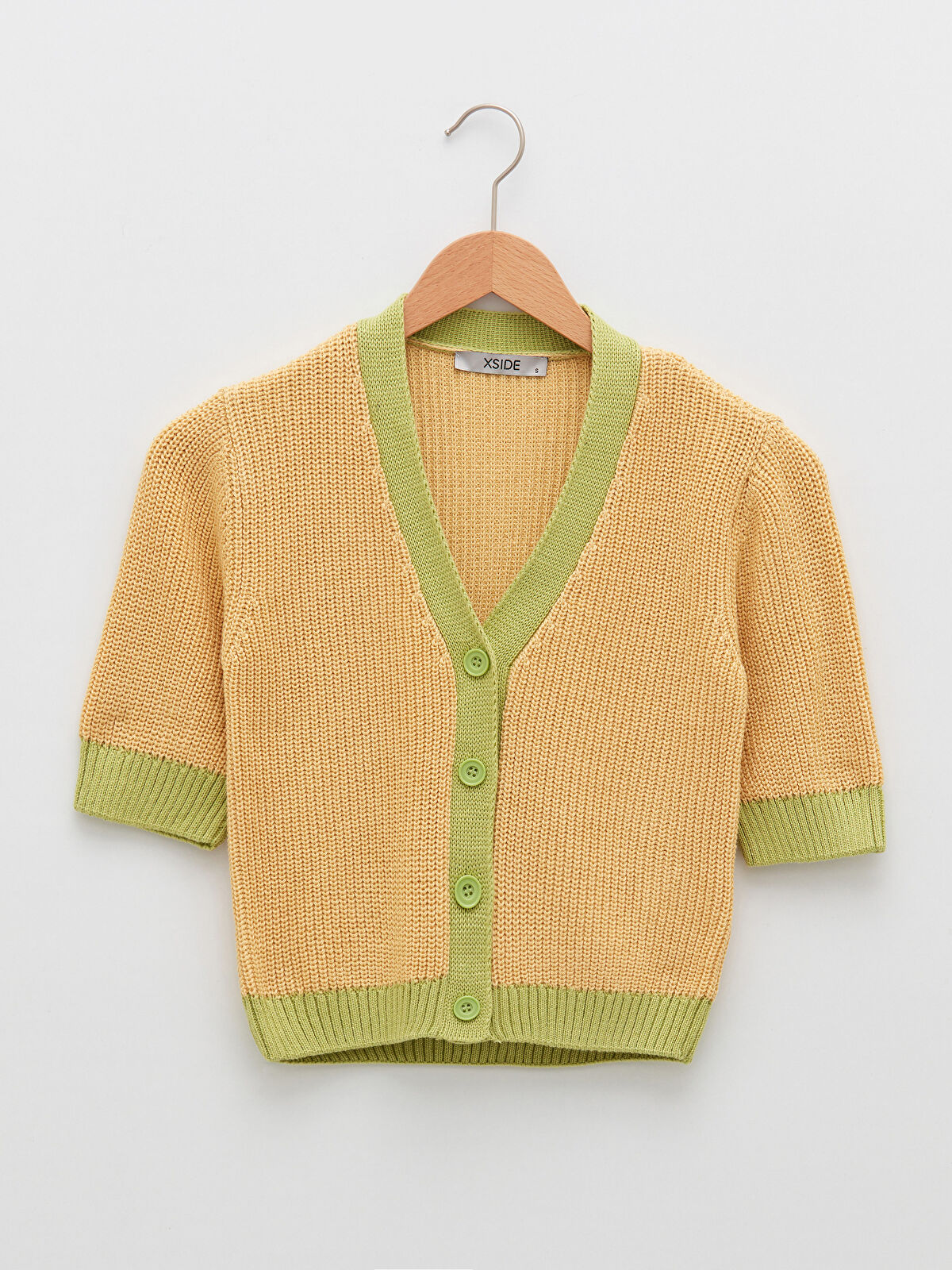 XSIDE V Yaka Renk Bloklu Kısa Kollu Kadın Triko Hırka