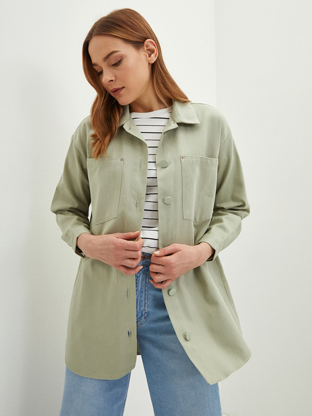 MODEST Gömlek Yaka Düz Uzun Kollu Oversize Gabardin Kumaş Kadın Tunik
