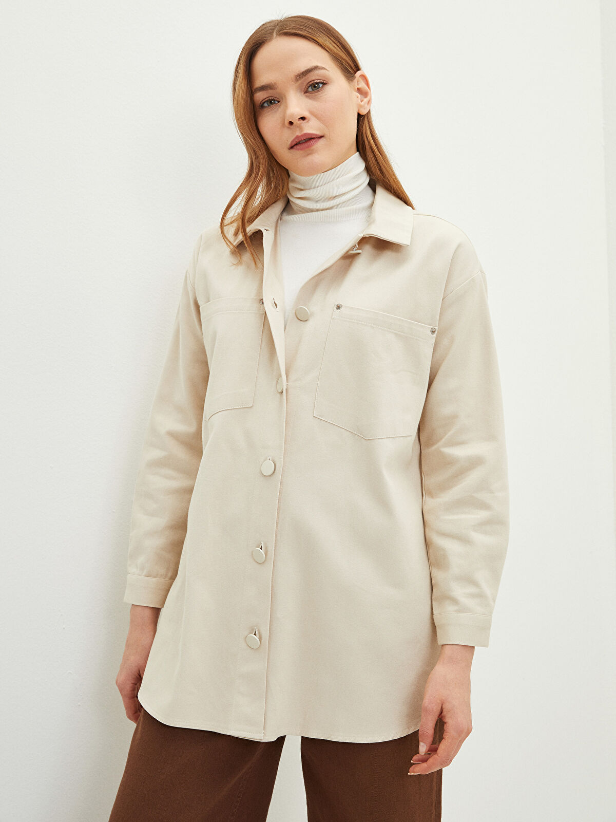 MODEST Gömlek Yaka Düz Uzun Kollu Oversize Gabardin Kumaş Kadın Tunik
