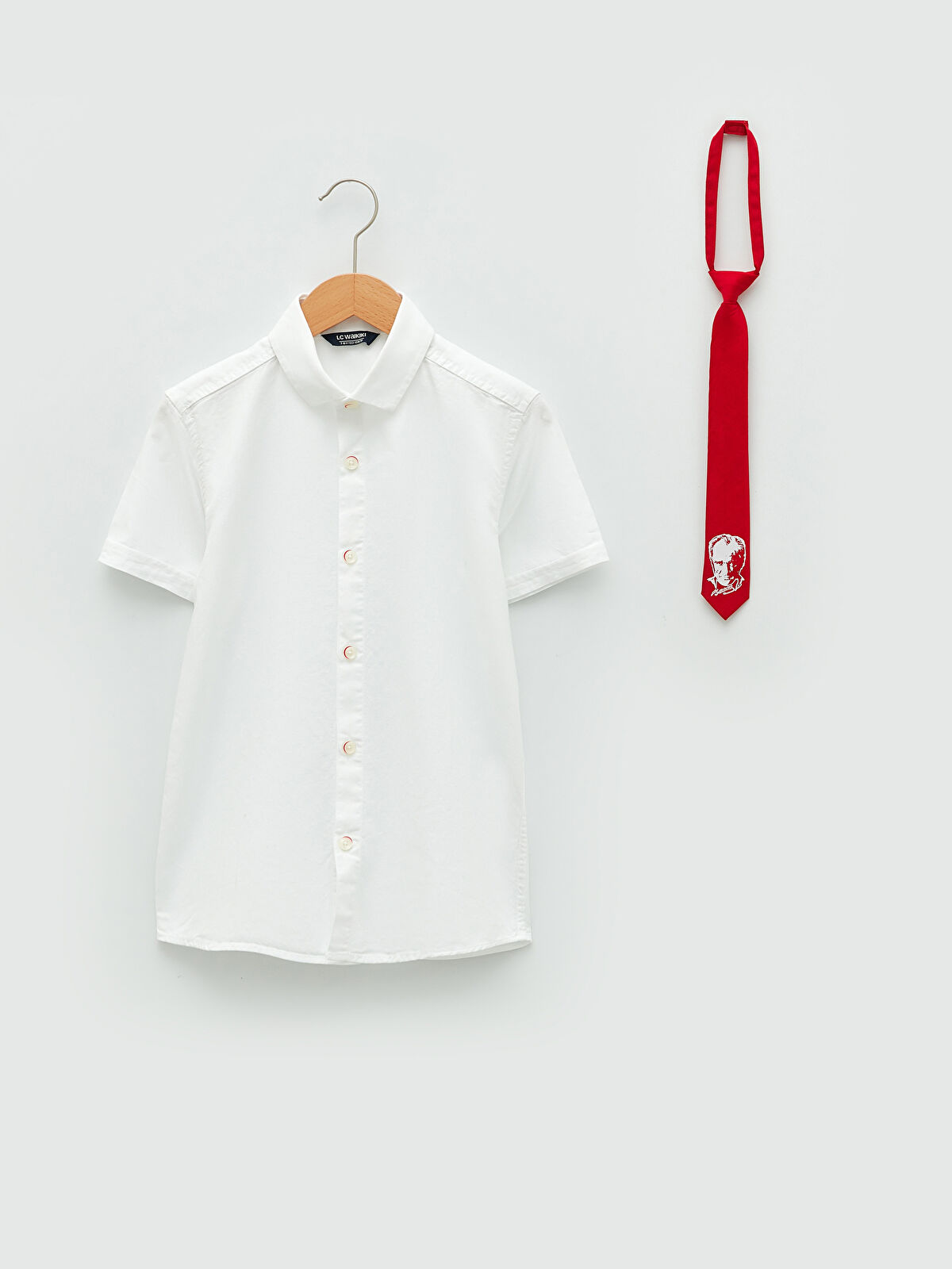 Kısa Kollu Atatürk Baskılı Poplin Erkek Çocuk Gömlek ve Kravat
