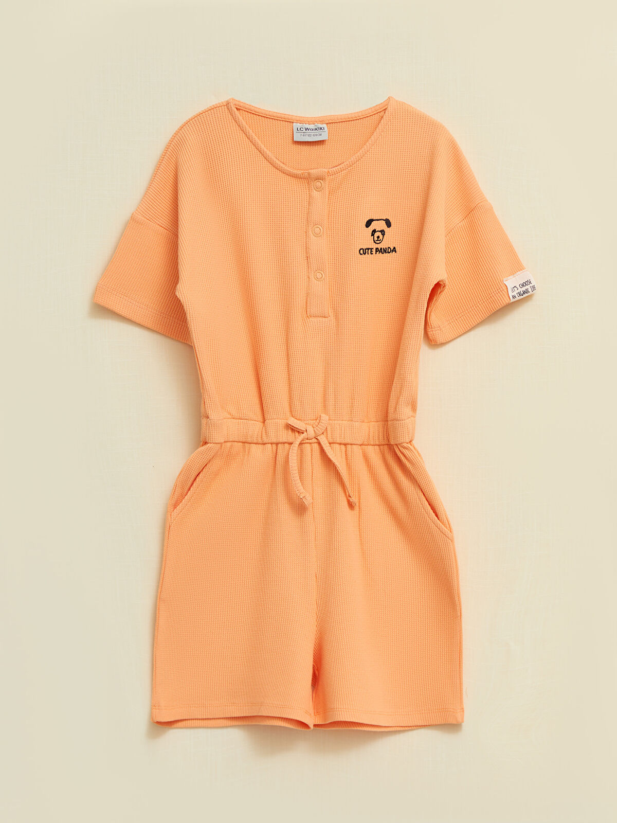 LCW GREEN Bisiklet Yaka Nakış Detaylı Kısa Kollu Organik Pamuklu Kız Çocuk Tulum