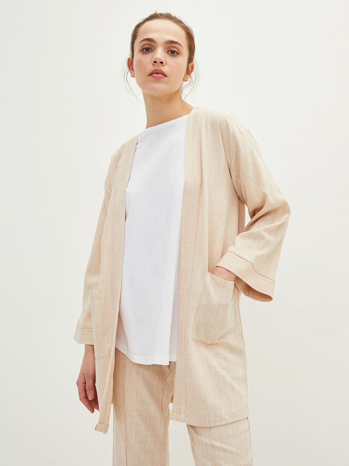 MODEST Şal Yaka Düz Uzun Kollu Oversize Keten Kadın Kimono