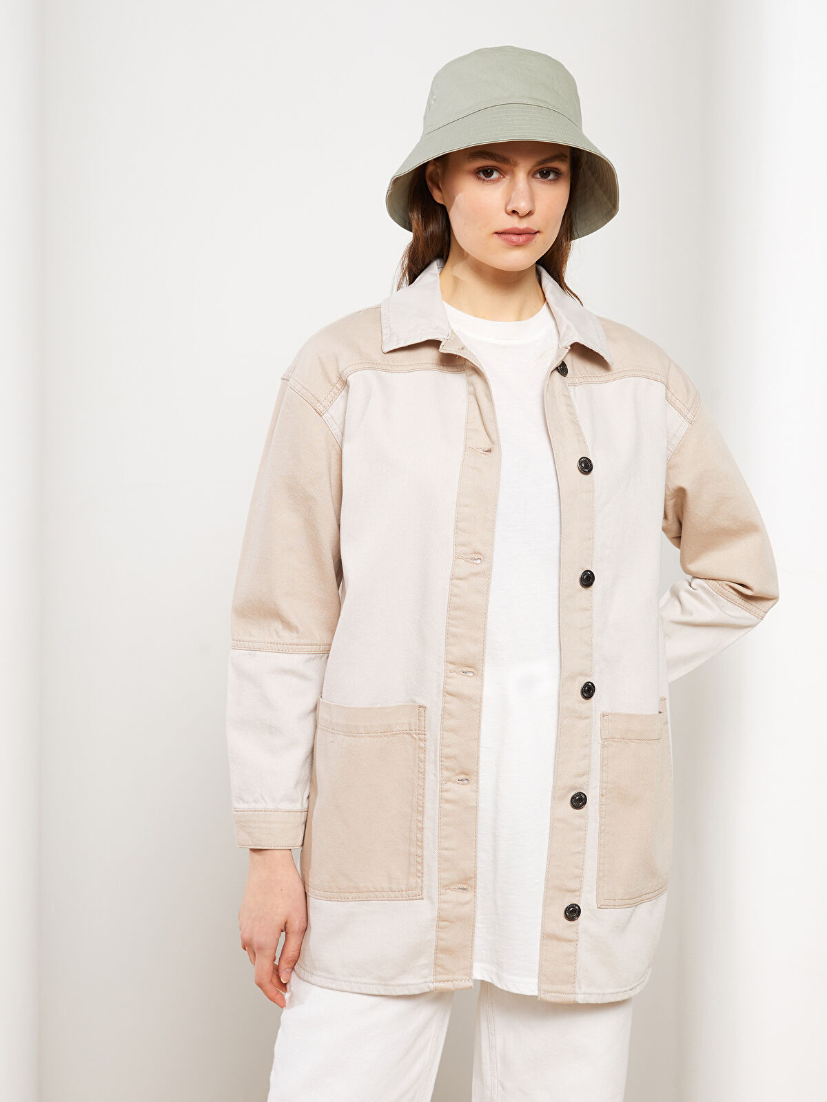 MODEST Önden Düğme Kapamalı Renk Bloklu Uzun Kollu Kadın Gömlek Ceket