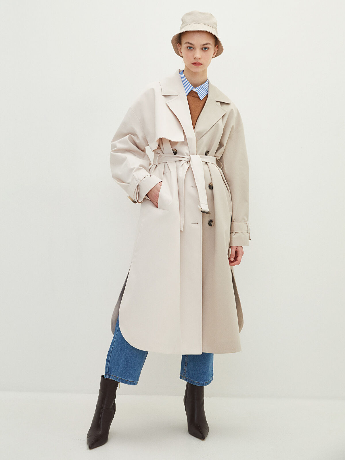 MODEST Ceket Yaka Renk Bloklu Uzun Kollu Kadın Trençkot