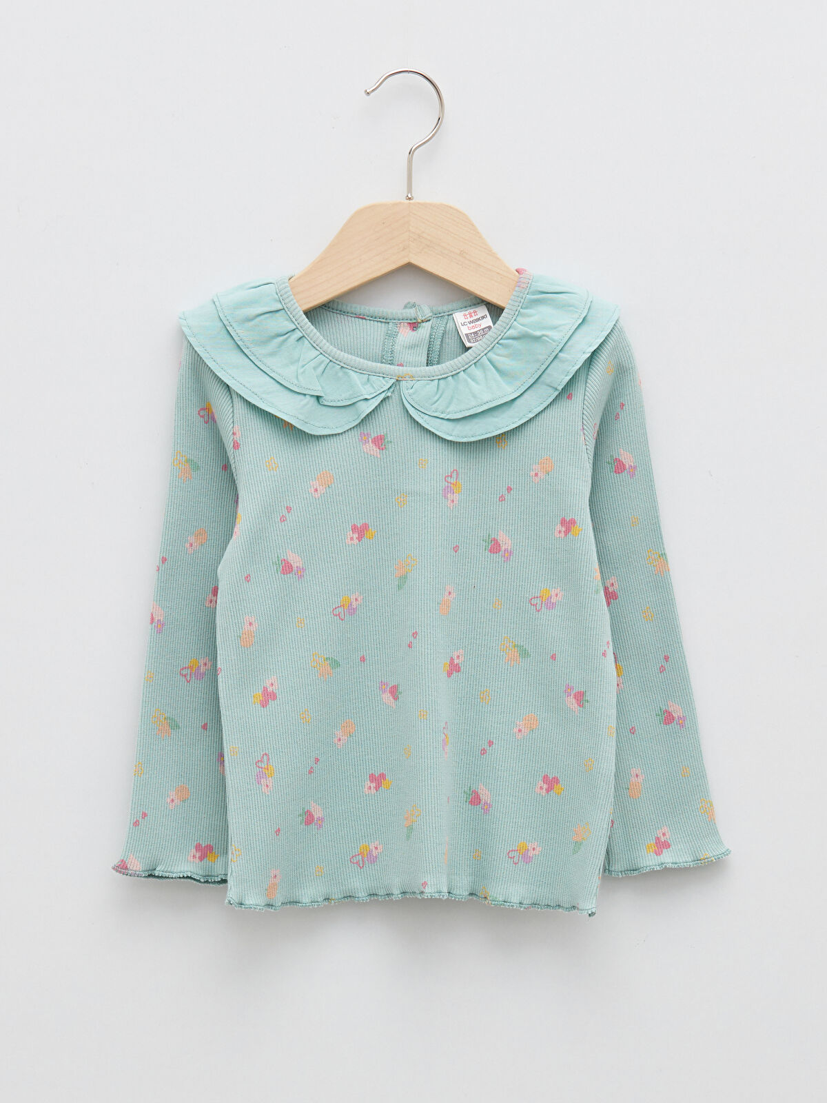 Bebe Yaka Uzun Kollu Baskılı Pamuklu Kız Bebek Tişört