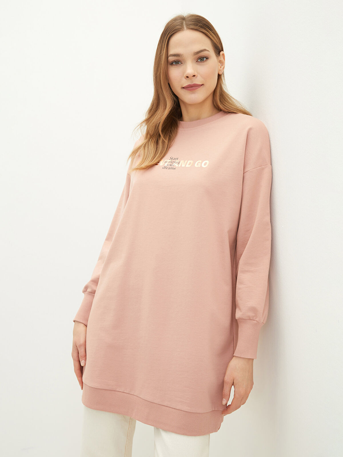 MODEST Bisiklet Yaka Yazı Baskılı Uzun Kollu Oversize Kadın Sweatshirt Tunik