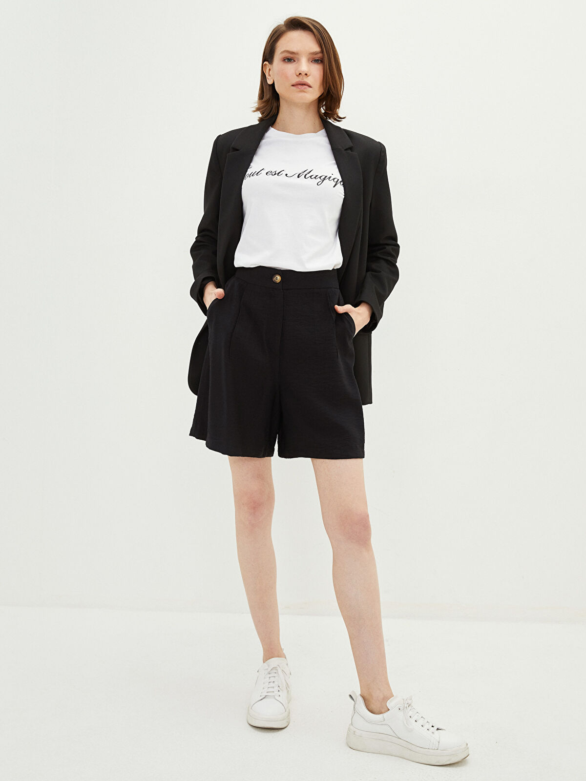 LCW VISION Yüksek Bel Standart Fit Düz Keten Kadın Bermuda Şort