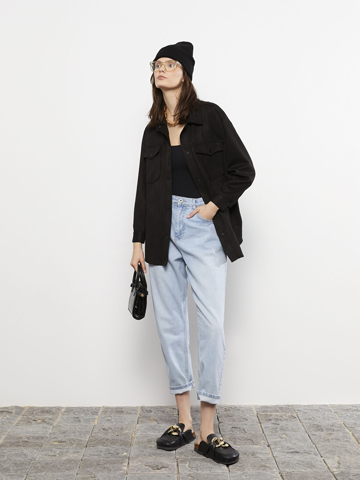 LCW CASUAL Gömlek Yaka Düz Uzun Kollu Kadın Deri Görünümlü Mont