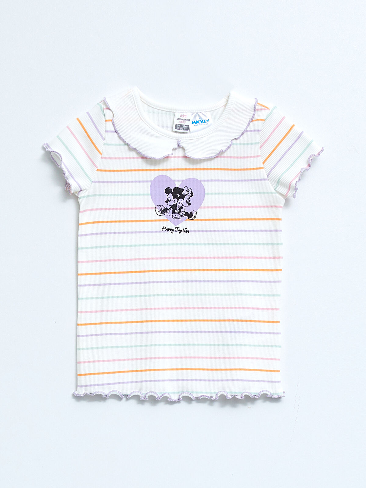 Bebe Yaka Kısa Kollu Minnie ve Mickey Baskılı Pamuklu Kız Bebek Tişört