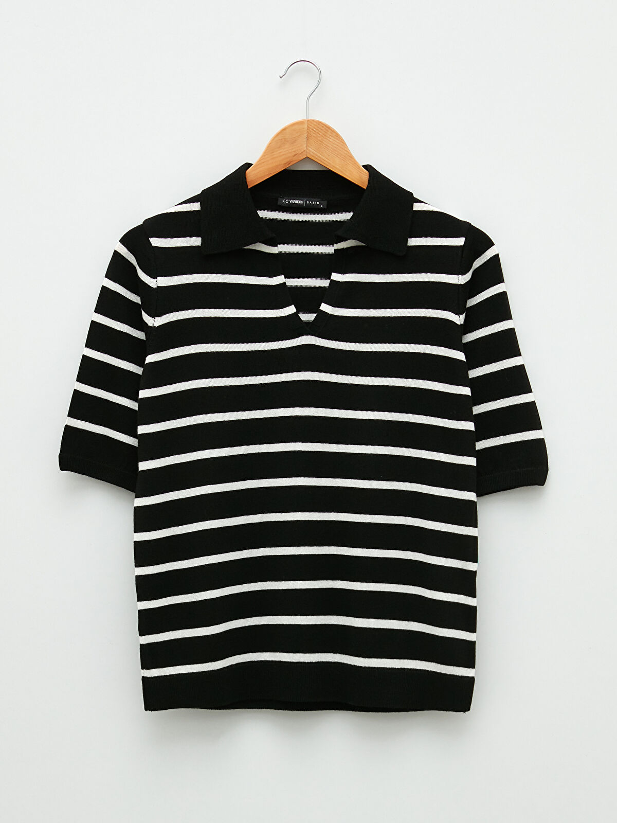 LCW BASIC Polo Yaka Çizgili Kısa Kollu Kadın Triko Kazak