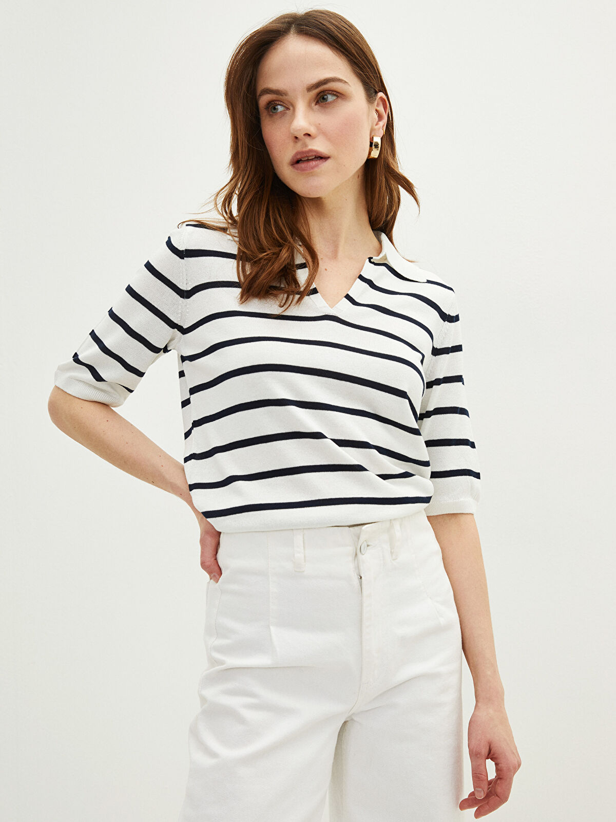 LCW BASIC Polo Yaka Çizgili Kısa Kollu Kadın Triko Kazak