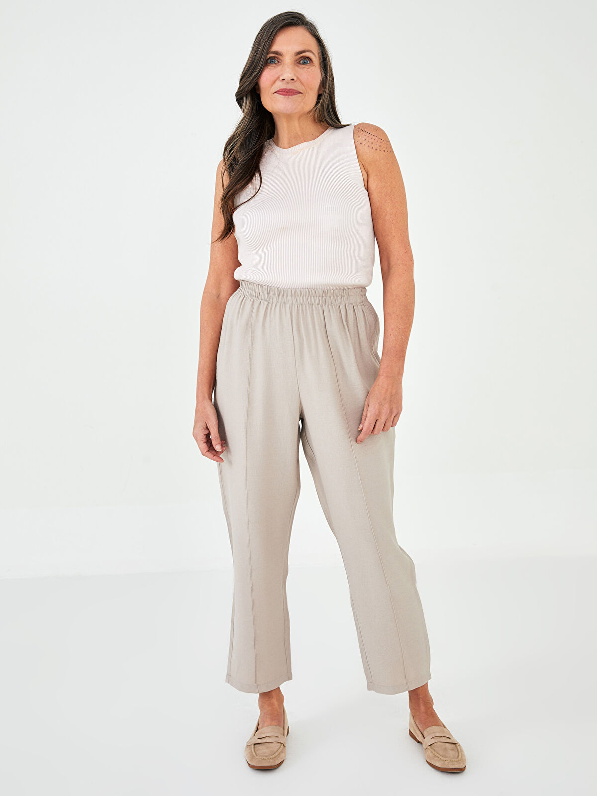 LCW GRACE Beli Lastikli Rahat Kalıp Düz Keten Kadın Pantolon