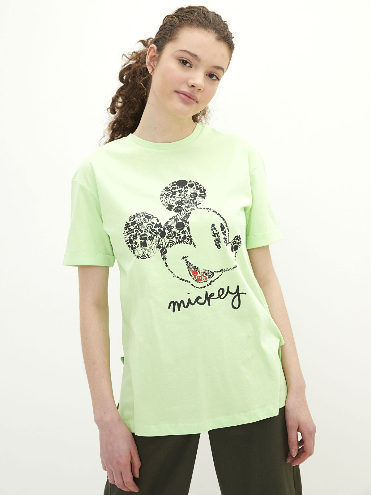 Bisiklet Yaka Mickey Mouse Baskılı Kısa Kollu Pamuklu Kadın Tişört Anne Kız Kombini