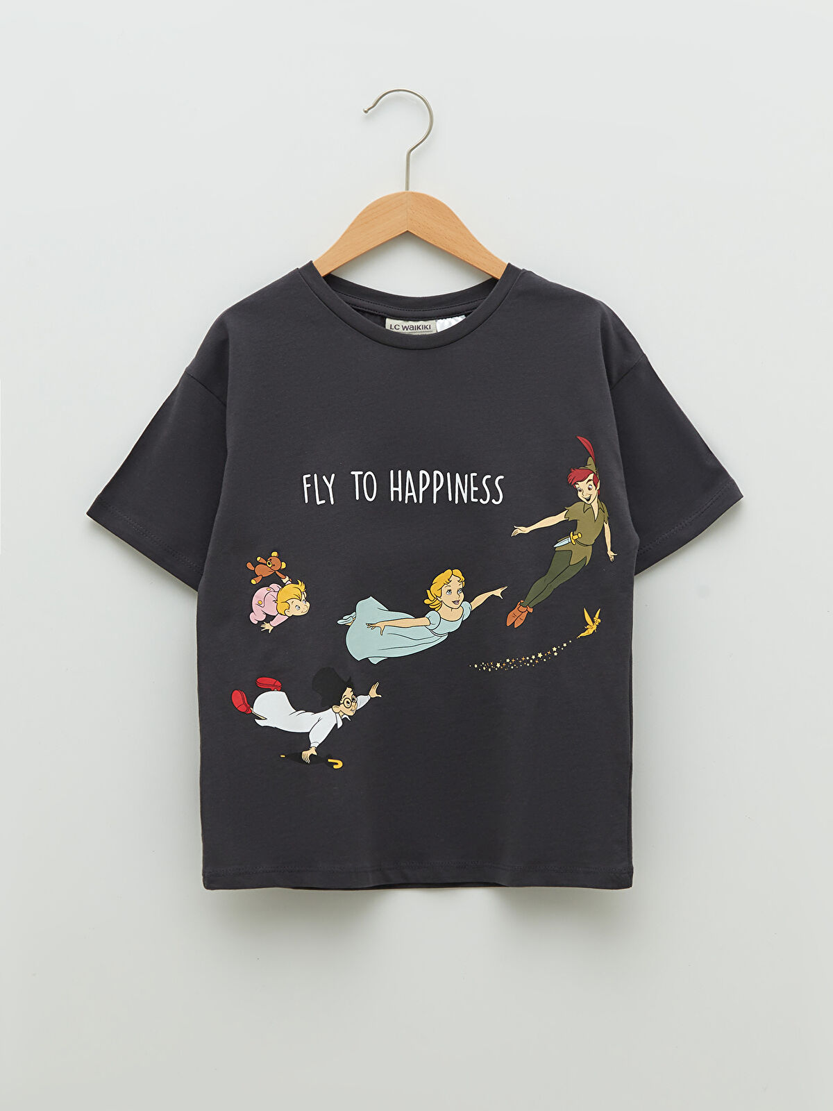 Bisiklet Yaka Peter Pan Baskılı Kısa Kollu Pamuklu Kız Çocuk Tişört