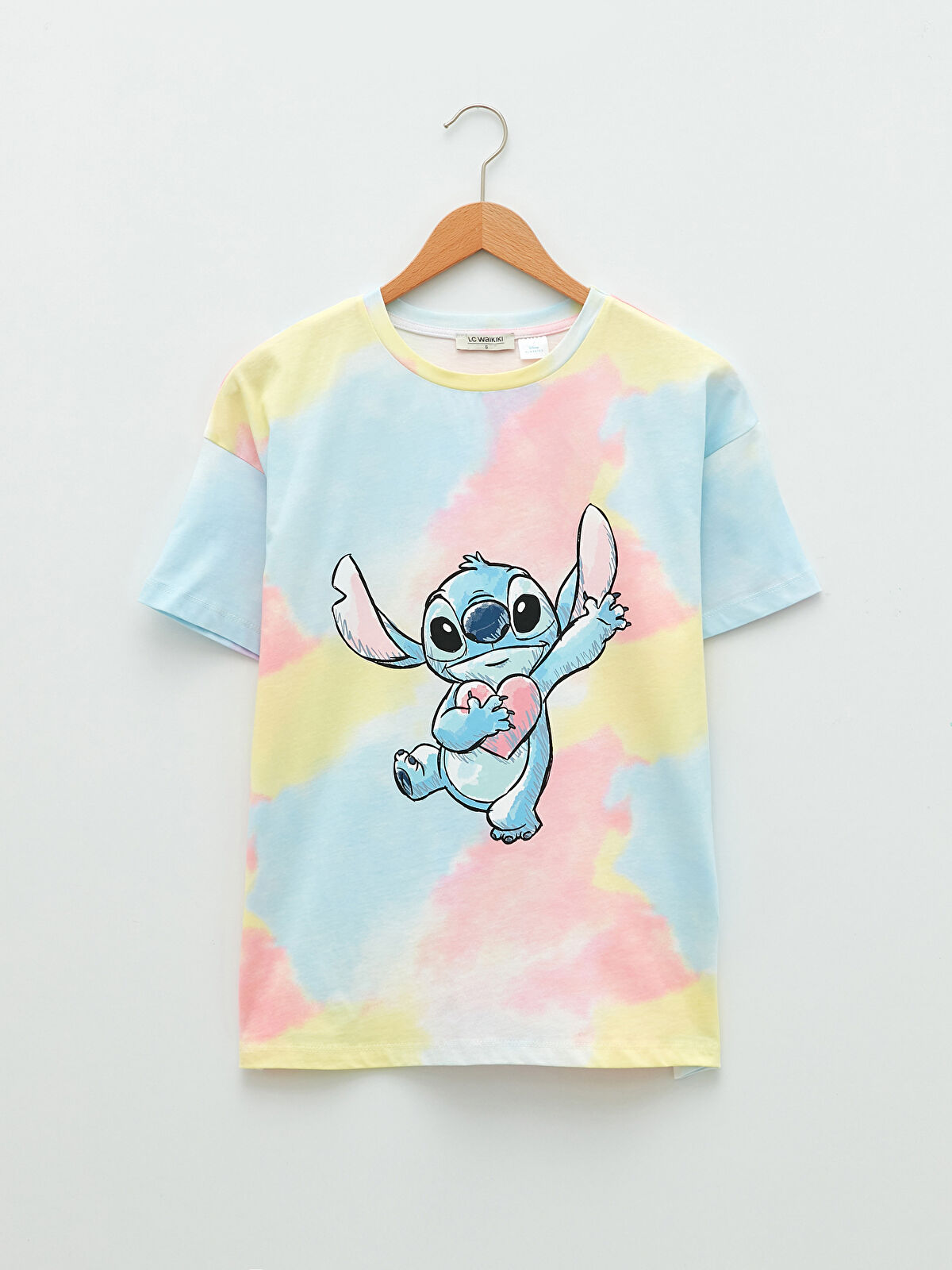 Bisiklet Yaka Lilo & Stitch Baskılı Kısa Kollu Pamuklu Kadın Tişört Anne Kız Kombini