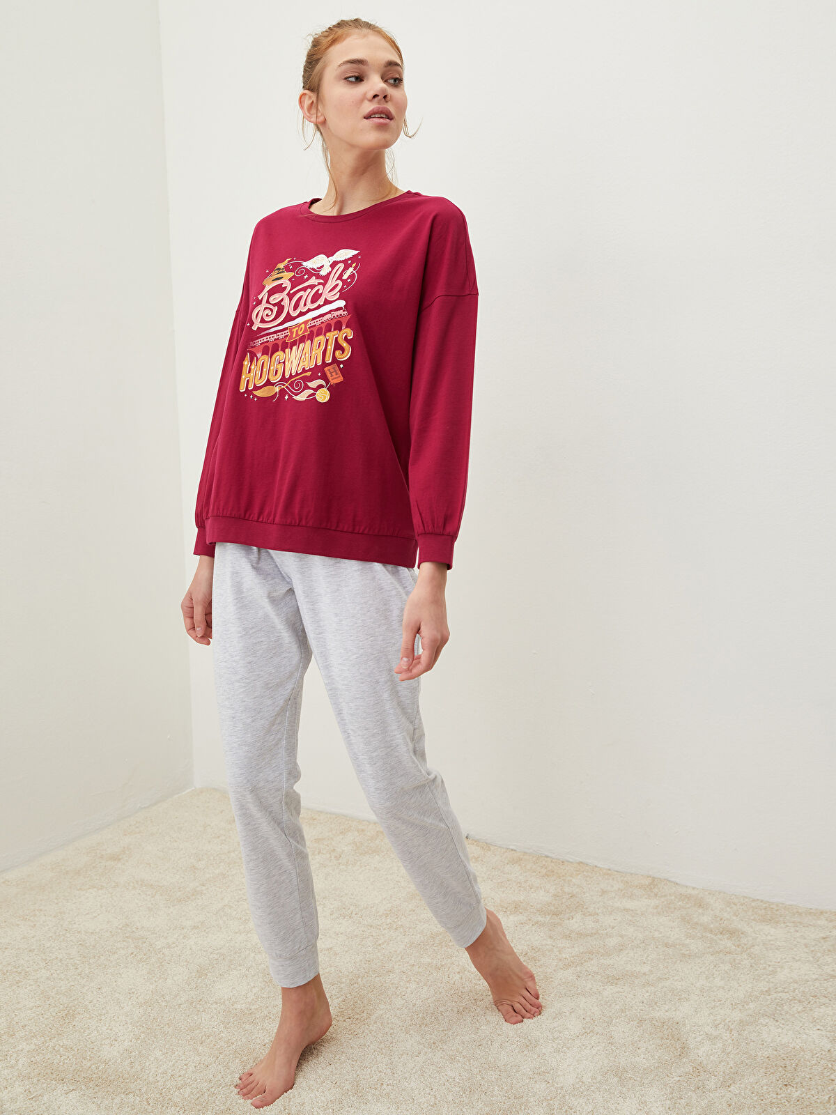 LCW DREAM Bisiklet Yaka Harry Potter Baskılı Uzun Kollu Kadın Pijama Takımı