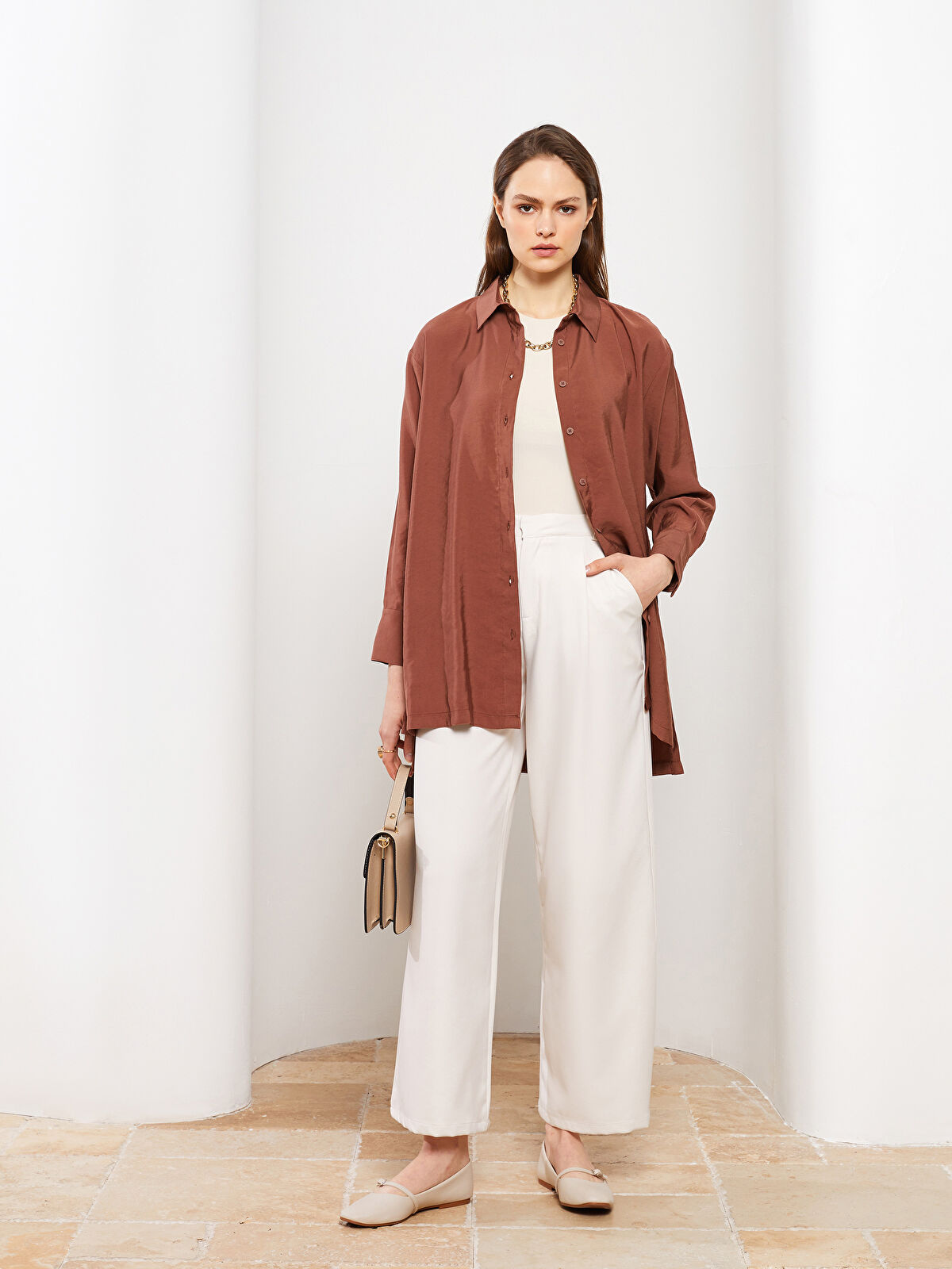 MODEST Gömlek Yaka Düz Uzun Kollu Oversize Kadın Tunik