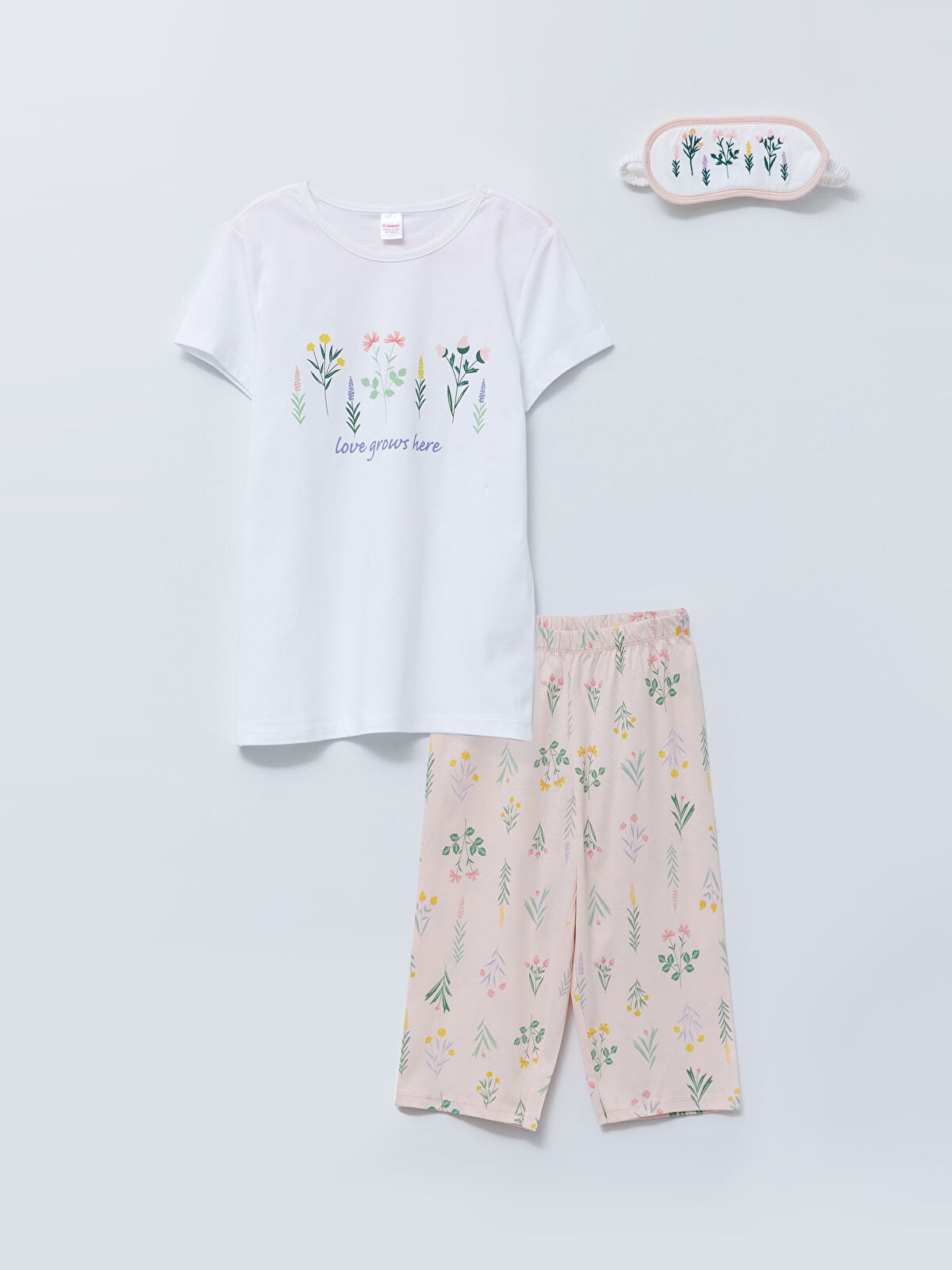 Bisiklet Yaka Baskılı Kısa Kollu Kız Çocuk Pijama Takımı ve Uyku Maskesi