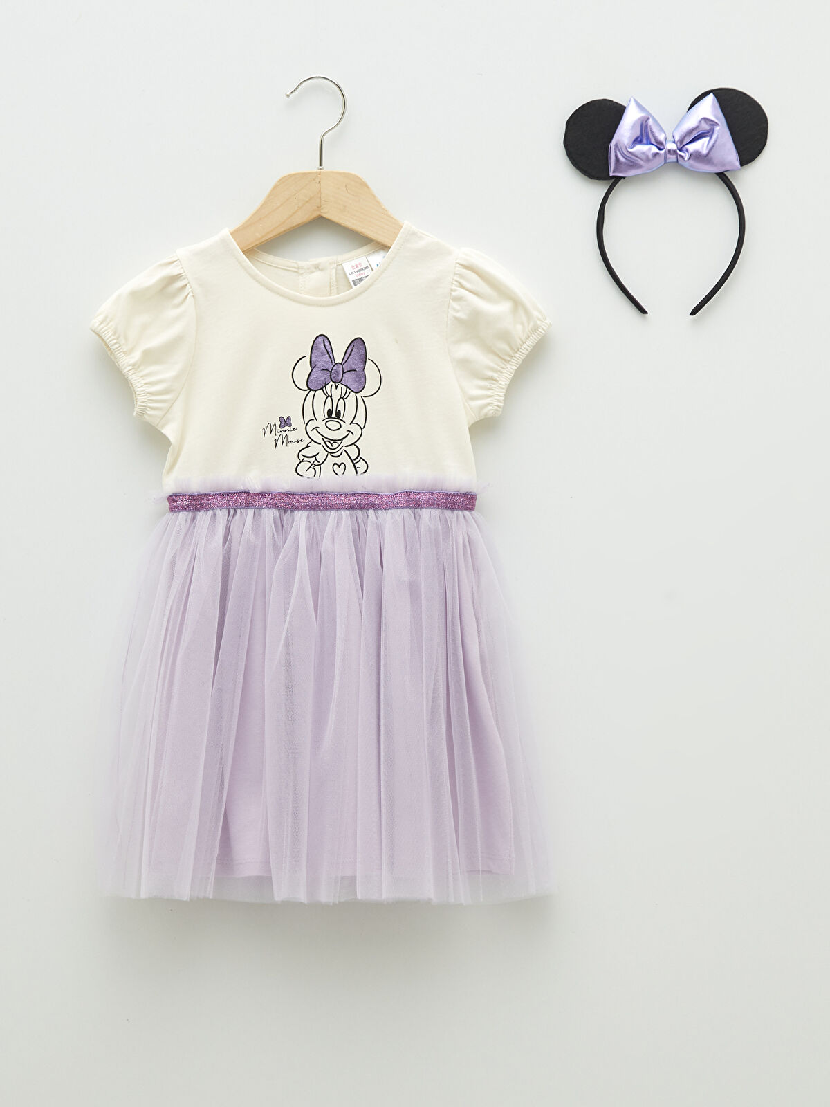 Bisiklet Yaka Kısa Kollu Minnie Mouse Baskılı Kız Bebek Elbise ve Taç 2'li Takım