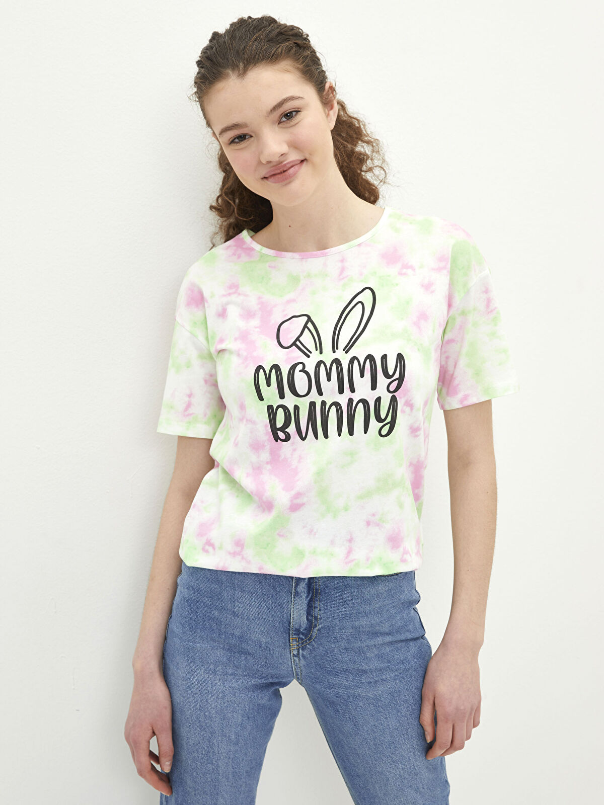 Bisiklet Yaka Baskılı Kısa Kollu Pamuklu Kadın Tişört Anne Kız Kombini