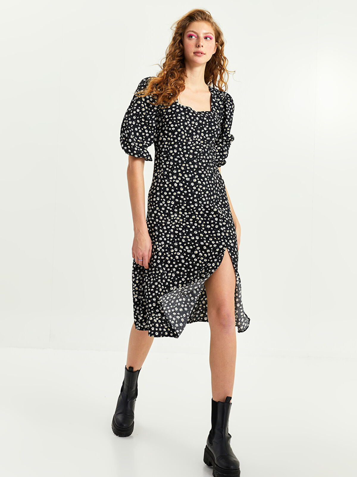 XSDIE Kare Yaka Çiçekli Kadın Elbise