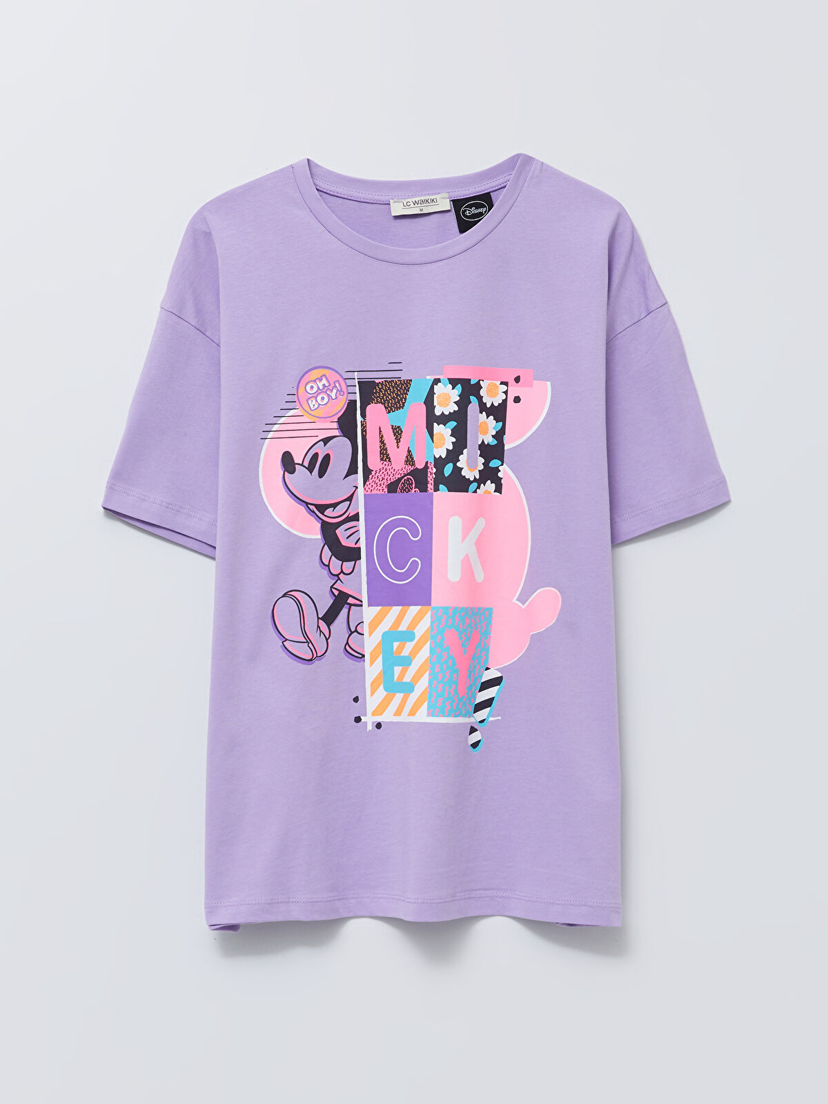 Bisiklet Yaka Mickey Mouse Baskılı Kısa Kollu Pamuklu Kadın Tişört Anne Kız Kombini