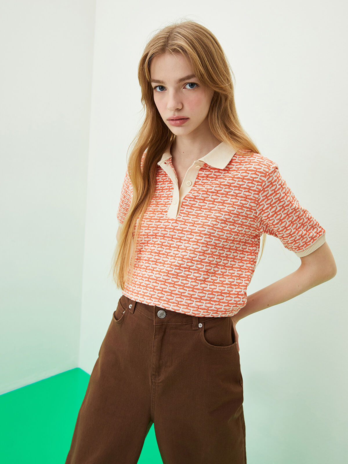 LCW LIMITED Polo Yaka Desenli Kısa Kollu Kadın Tişört