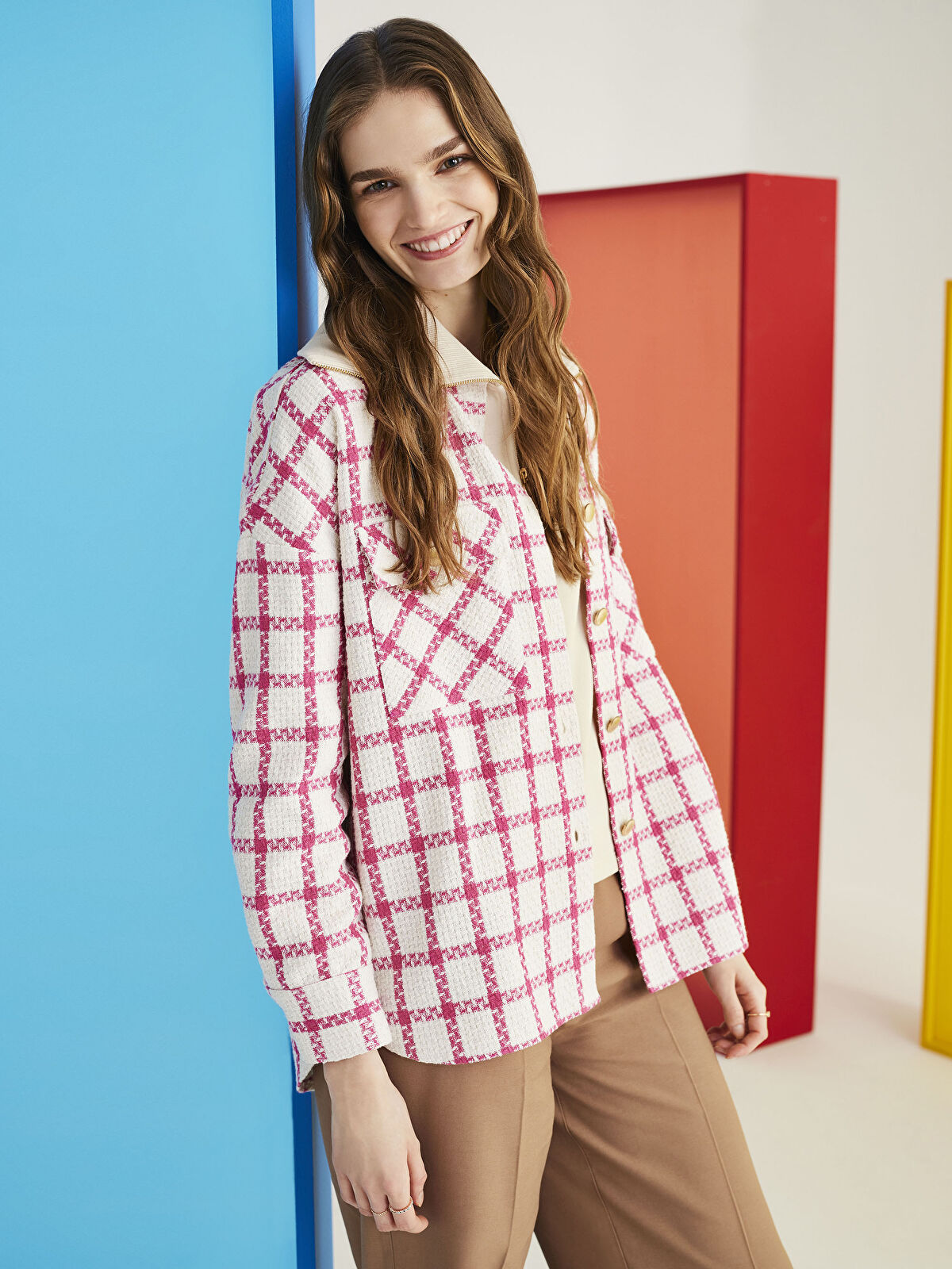 LCW VISION Gömlek Yaka Ekose Uzun Kollu Tüvit Kadın Gömlek Ceket