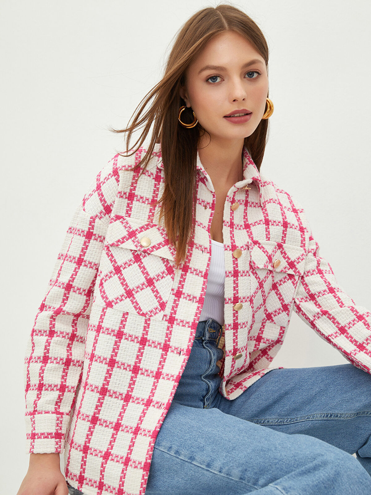 LCW VISION Gömlek Yaka Ekose Uzun Kollu Tüvit Kadın Gömlek Ceket