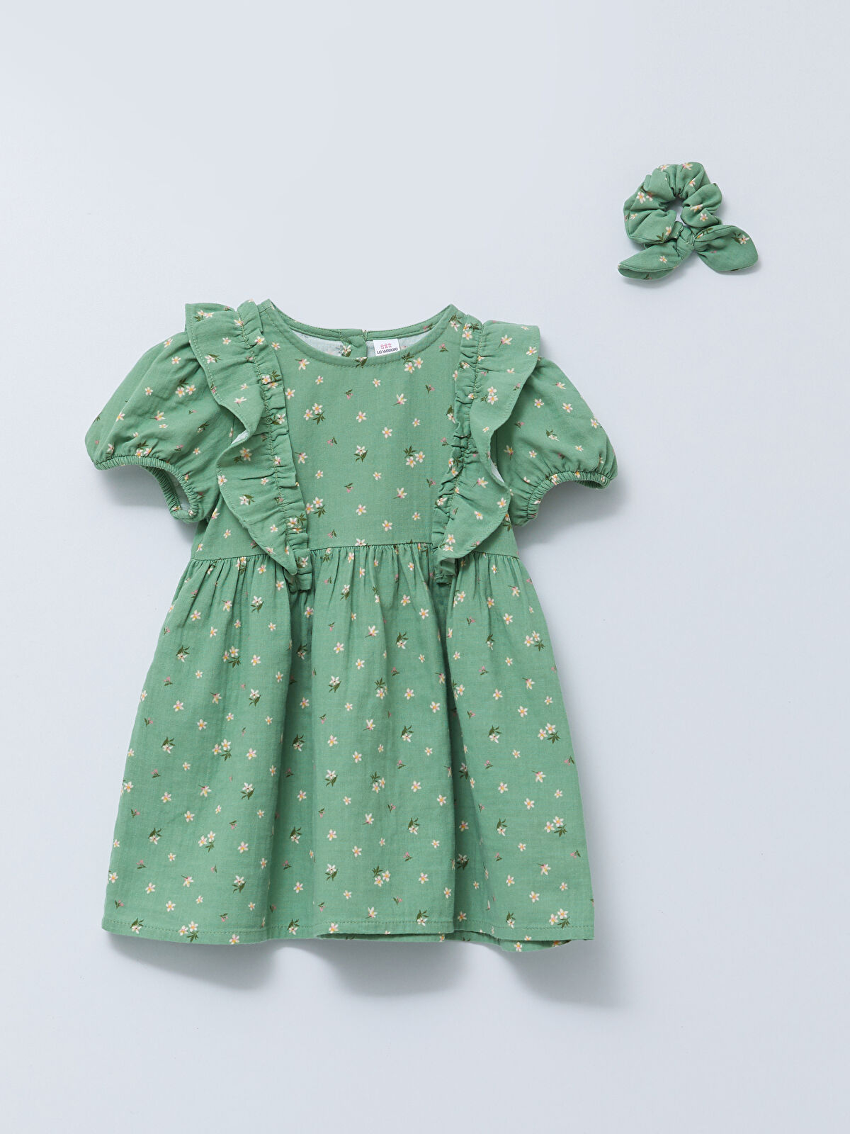 Bisiklet Yaka Kısa Kollu Baskılı Pamuklu Kız Bebek Elbise ve Saç Bandı 2'li Takım