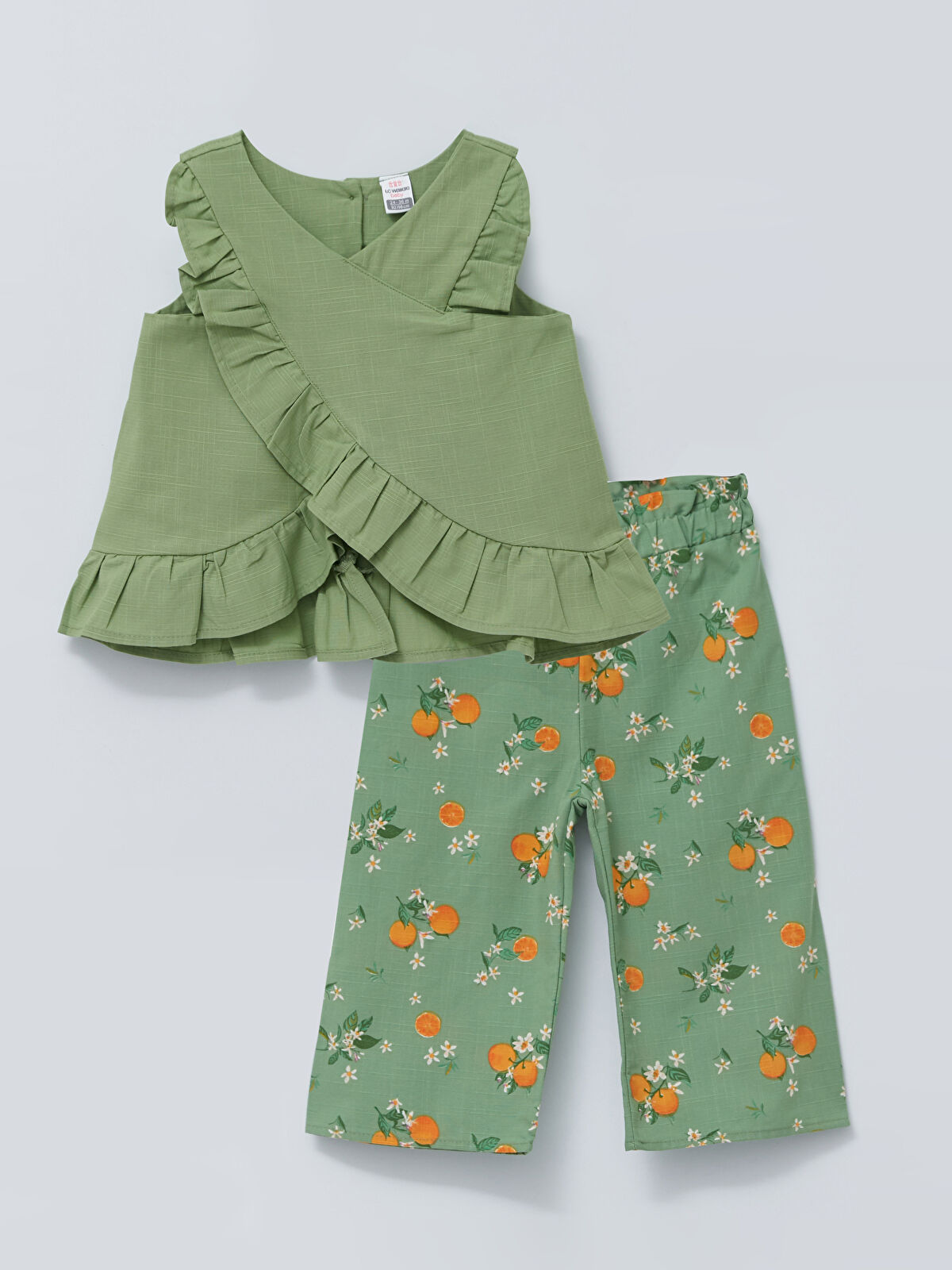 Bisiklet Yaka Baskılı Pamuklu Kız Bebek Bluz ve Pantolon 2'li Takım