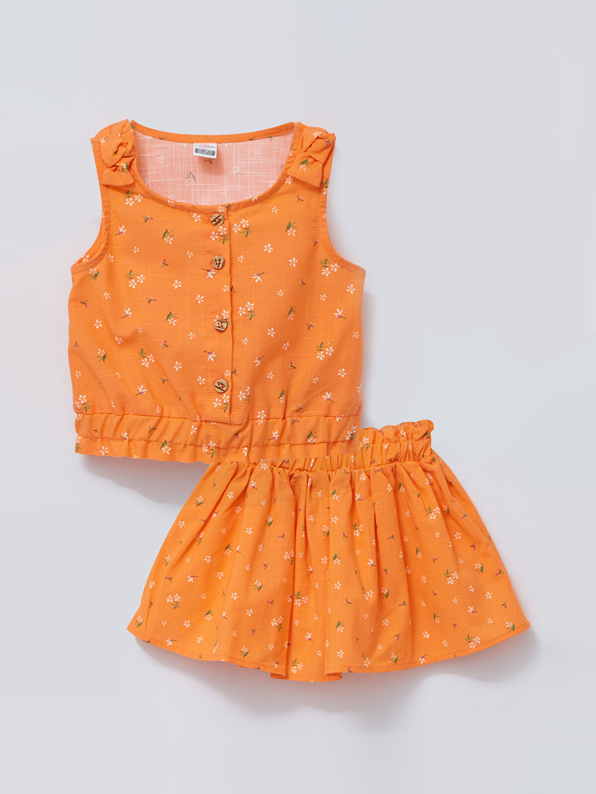 Bisiklet Yaka Baskılı Pamuklu Kız Bebek Bluz ve Etek 2'li Takım