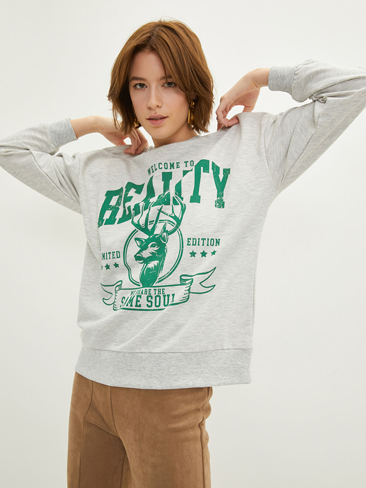 LCW LIMITED Bisiklet Yaka Baskılı Uzun Kollu Kadın Sweatshirt