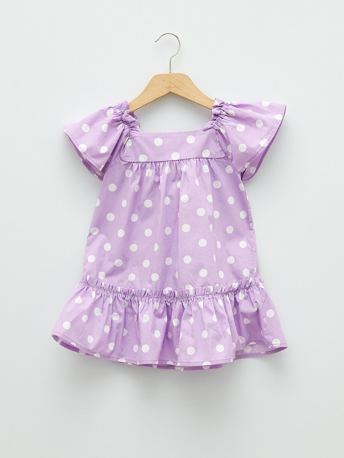 Kare Yaka Kısa Kollu Desenli Pamuklu Kız Bebek Elbise