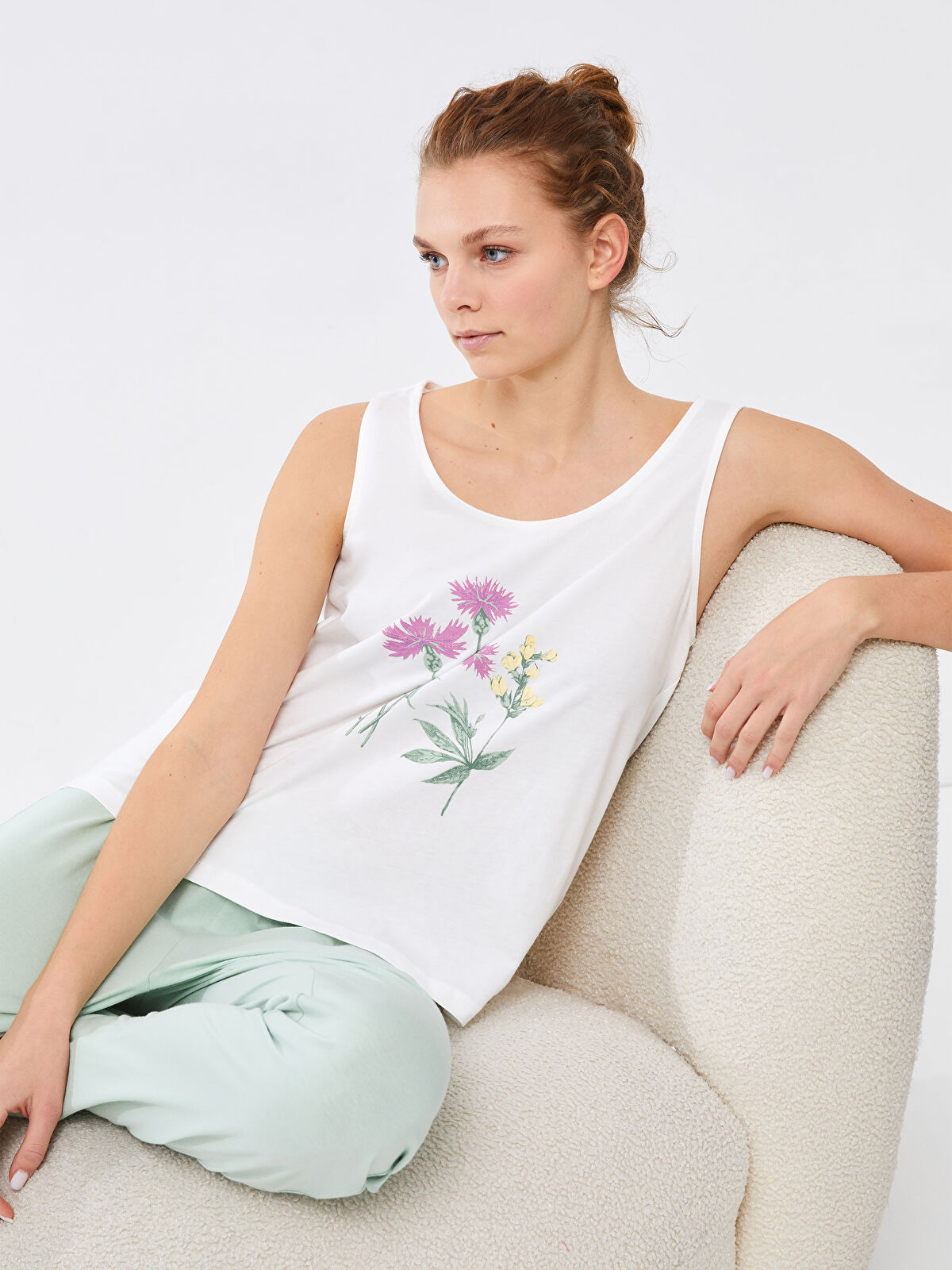 LCW GREEN U Yaka Baskılı Kolsuz Pamuklu Kadın Pijama Takımı