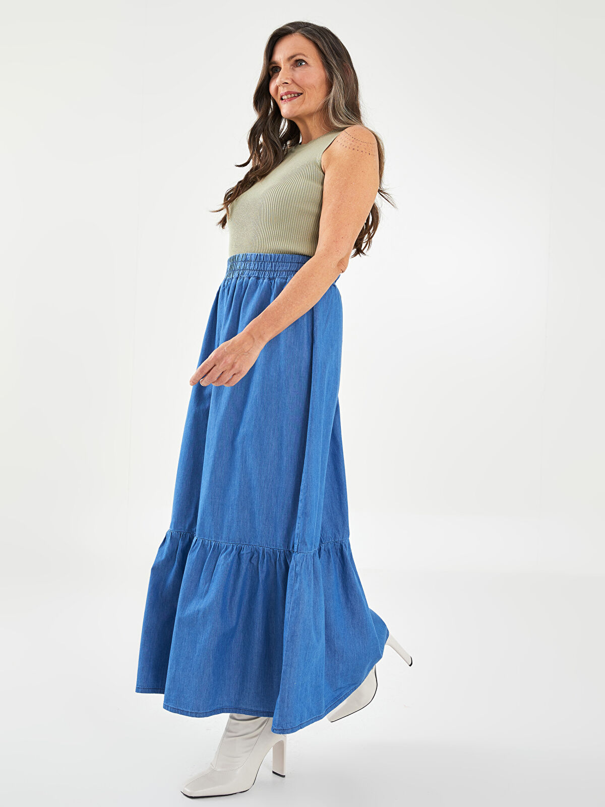 LCW GRACE Beli Lastikli Düz Fırfır Detaylı Kadın Jean Etek