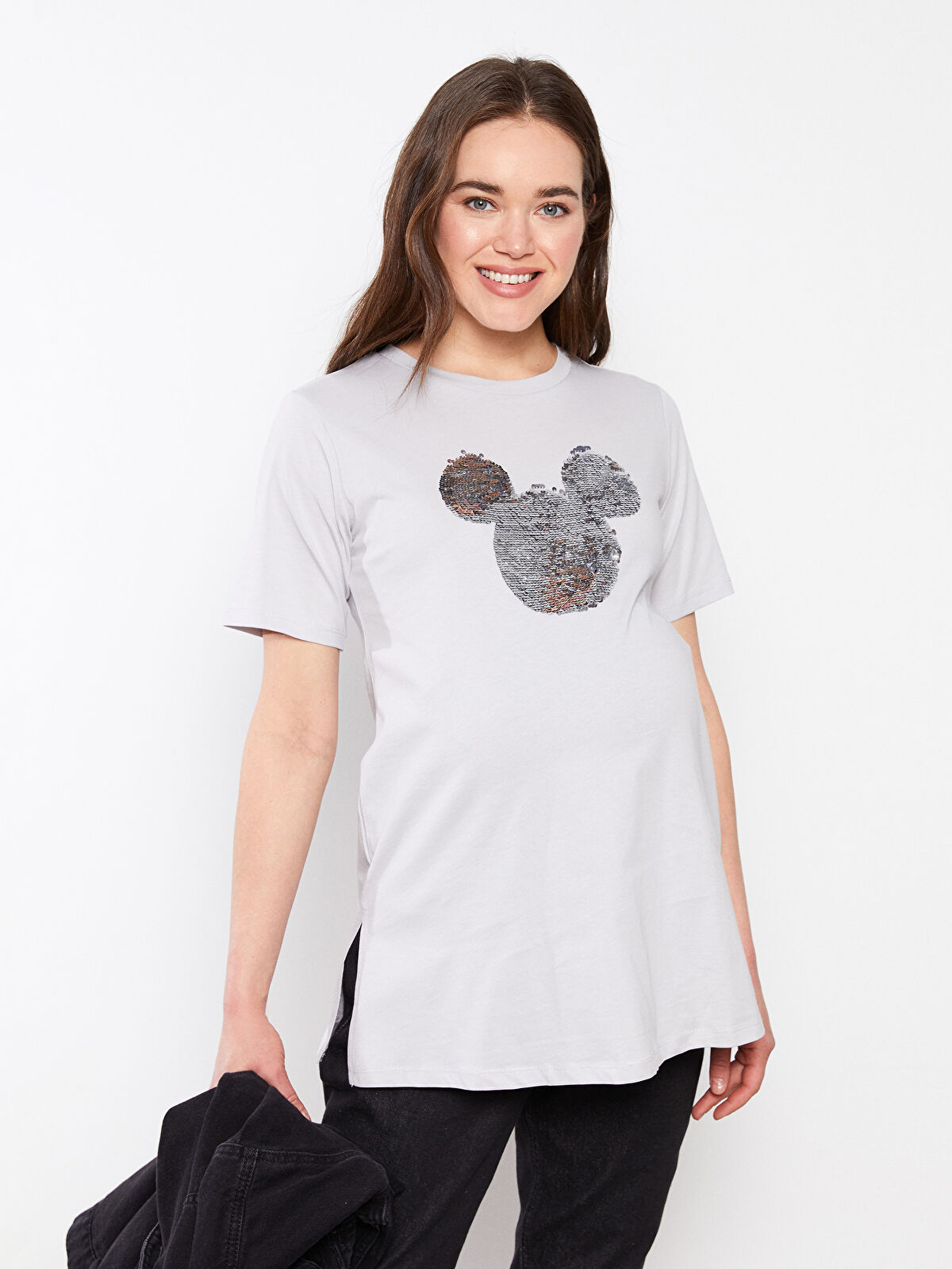 Bisiklet Yaka Mickey Mouse Nakışlı Kısa Kollu Pamuklu Hamile Tişört