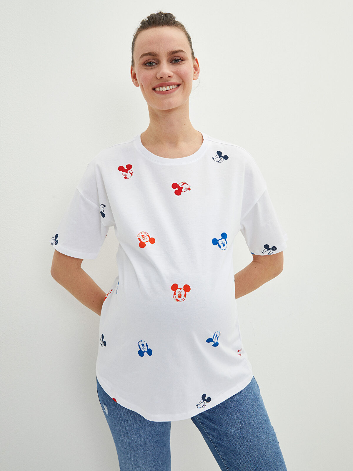 Bisiklet Yaka Mickey Mouse Baskılı Kısa Kollu Pamuklu Hamile Tişört