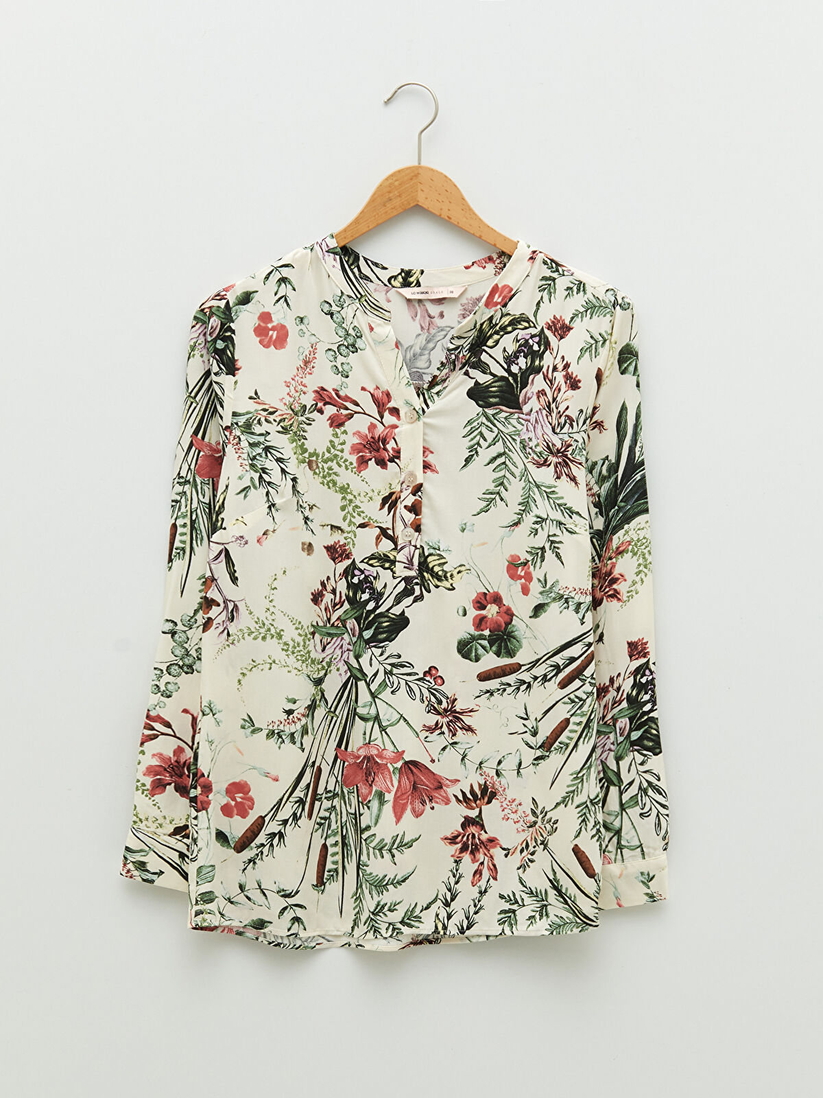 LCW GRACE Kaçık Yaka Desenli Uzun Kollu Viskon Kadın Bluz